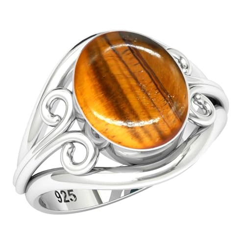 JEWELOPORIUM 925 Silver Ring for Women Size 13 Brown Natural Tiger Eye Gemstone Costume Silver Ring Friendship Day Gift Vintage Jewelry