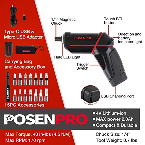 POSENPRO Cordless Electric Screwdriver, 4V Rechargeable Power Screwdriver with 15 Pcs Accessories, Screw Gun with Halo LED Light, Touch F/R Button, USB Cable, Carrying Bag & Accessory Box