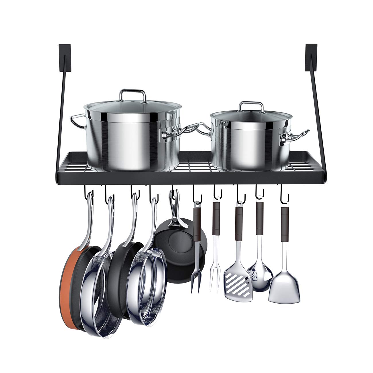 Miyili Pot Rack Square Grid Wall Mounted Kitchen Pot And Pan Organizer Shelf With 10 Hooks, 24 by 10-inch (Black), KR301B1