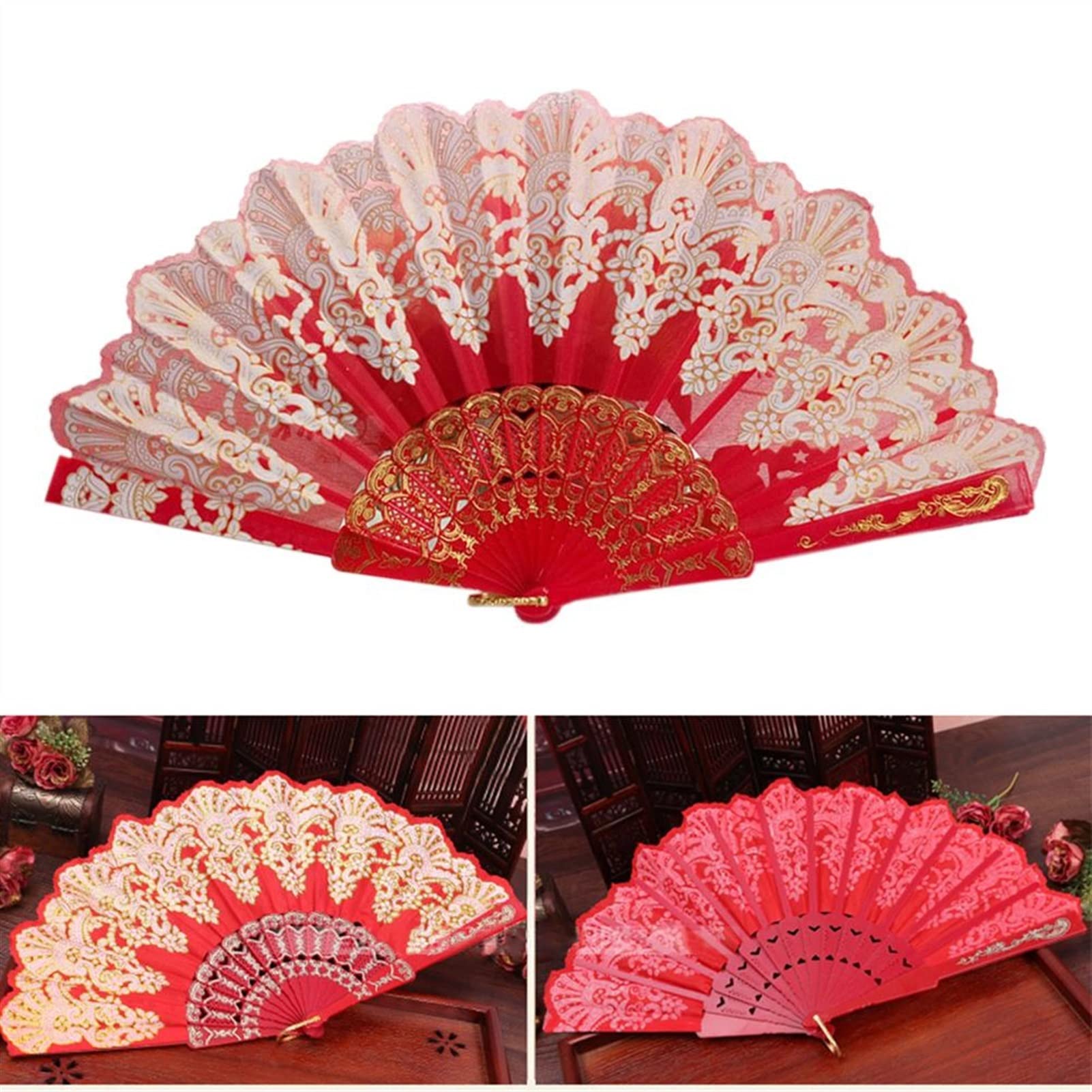 ONILA Folding Hand Fan Spanish Style Dance Party Fan Wedding Silk Lace Fan Folding Held Flower Fan Lady Wedding Folding Hand Fan Handheld Fans (Color : White)