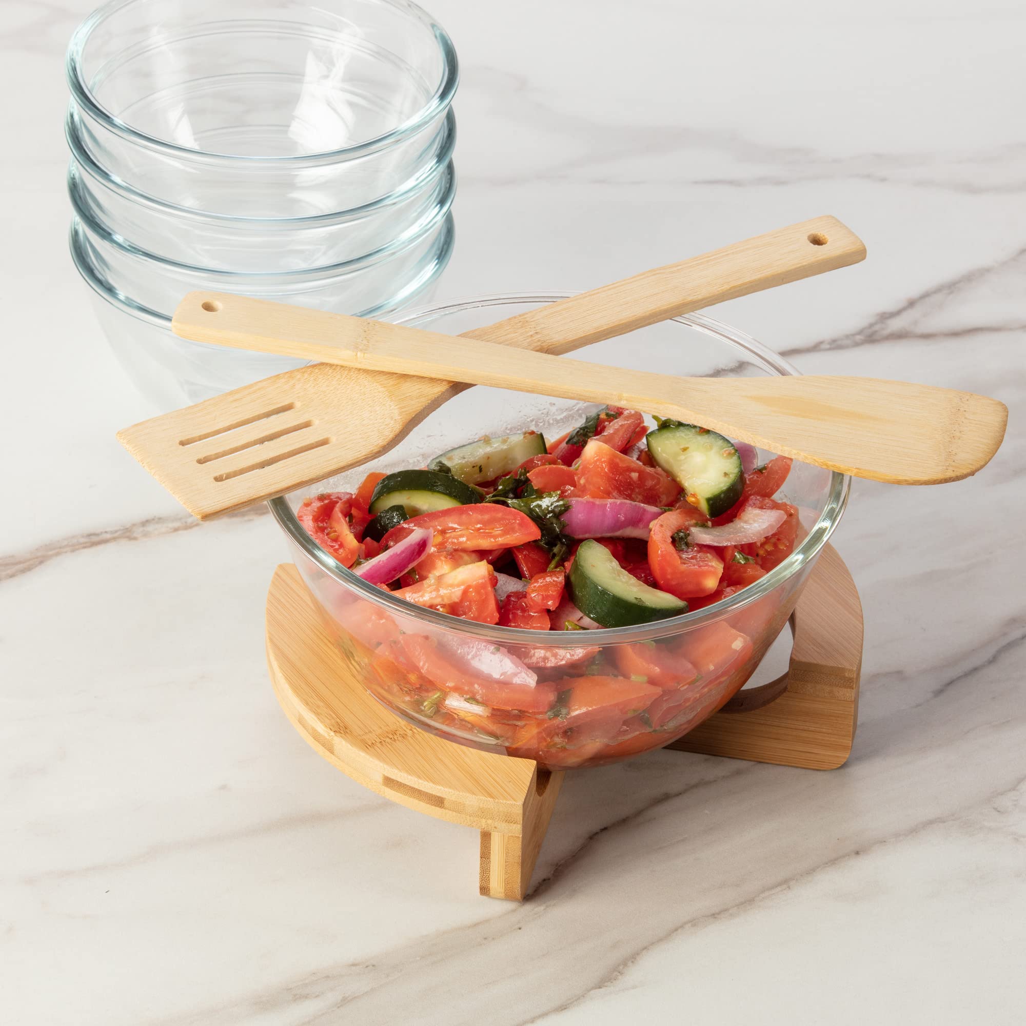Kitchen Affections | 5pc Glass Salad Bowl Set with Serving Utensils | and Bamboo Pedestal Base | Glass Reusable Dinnerware | Durable Glass Dinner Bowls | Eco Friendly Bowls