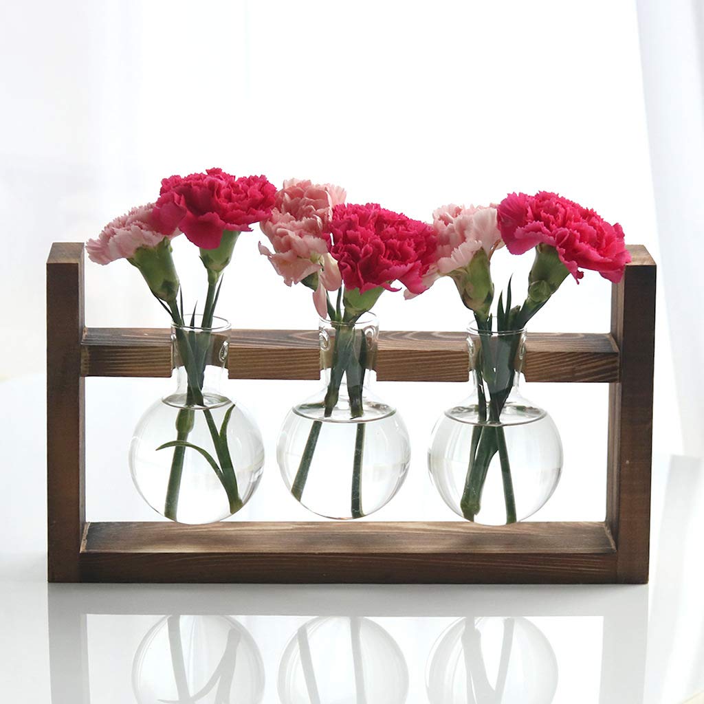 Kingbuy Plant Propagation Station Glass Terrarium Planter Flower Vase with Retro Solid Wooden Stand for Home Kitchen Indoor Garden Wedding Desktop Decor, 3 Bulb Vase