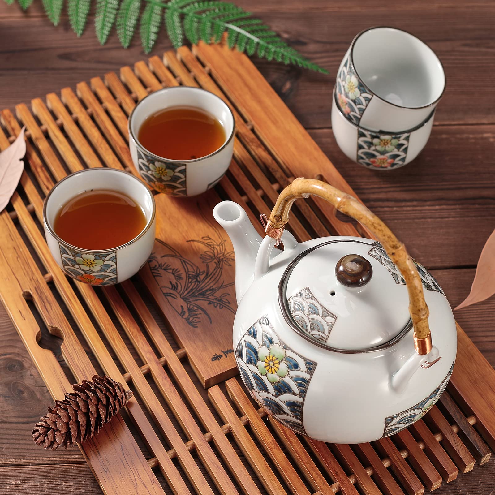 Junrutc Japanese Tea Set, Pottery Teapot Set of 5, 1 Teapot 4 Tea Cups 1 Stainless Infuser Cute Asian Tea Set for Tea Lover/Women/Men (25 oz)