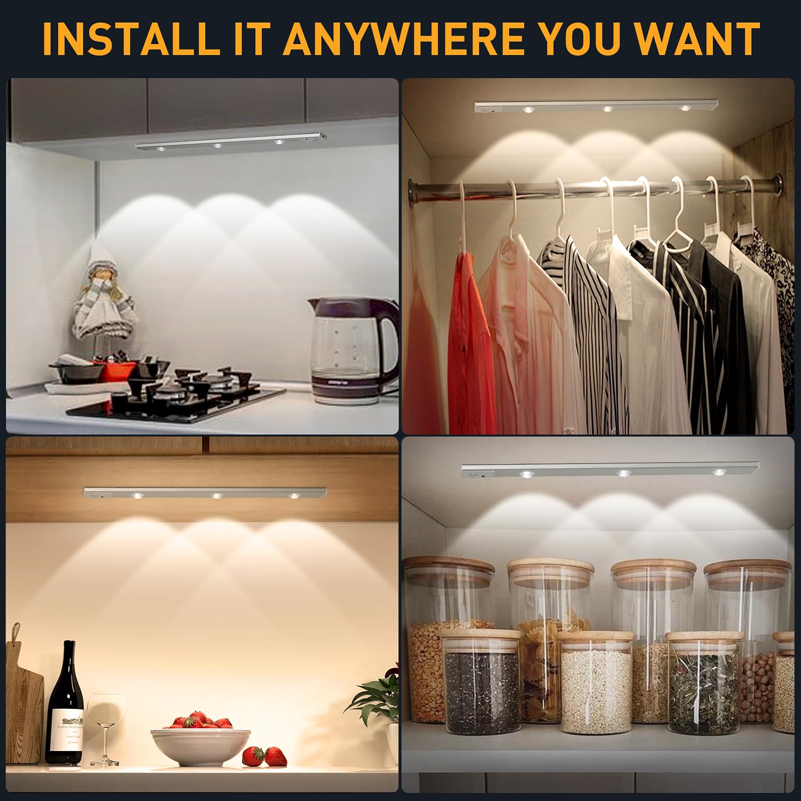 LED Motion Sensor Cabinet Light - Upgraded Remote Control 3 Light Modes Stepless Dimming Under Closet Lights 15.8β, USB Rechargeable Magnetic Lights for Kitchen Wardrobe Cupboard Office 2pcs