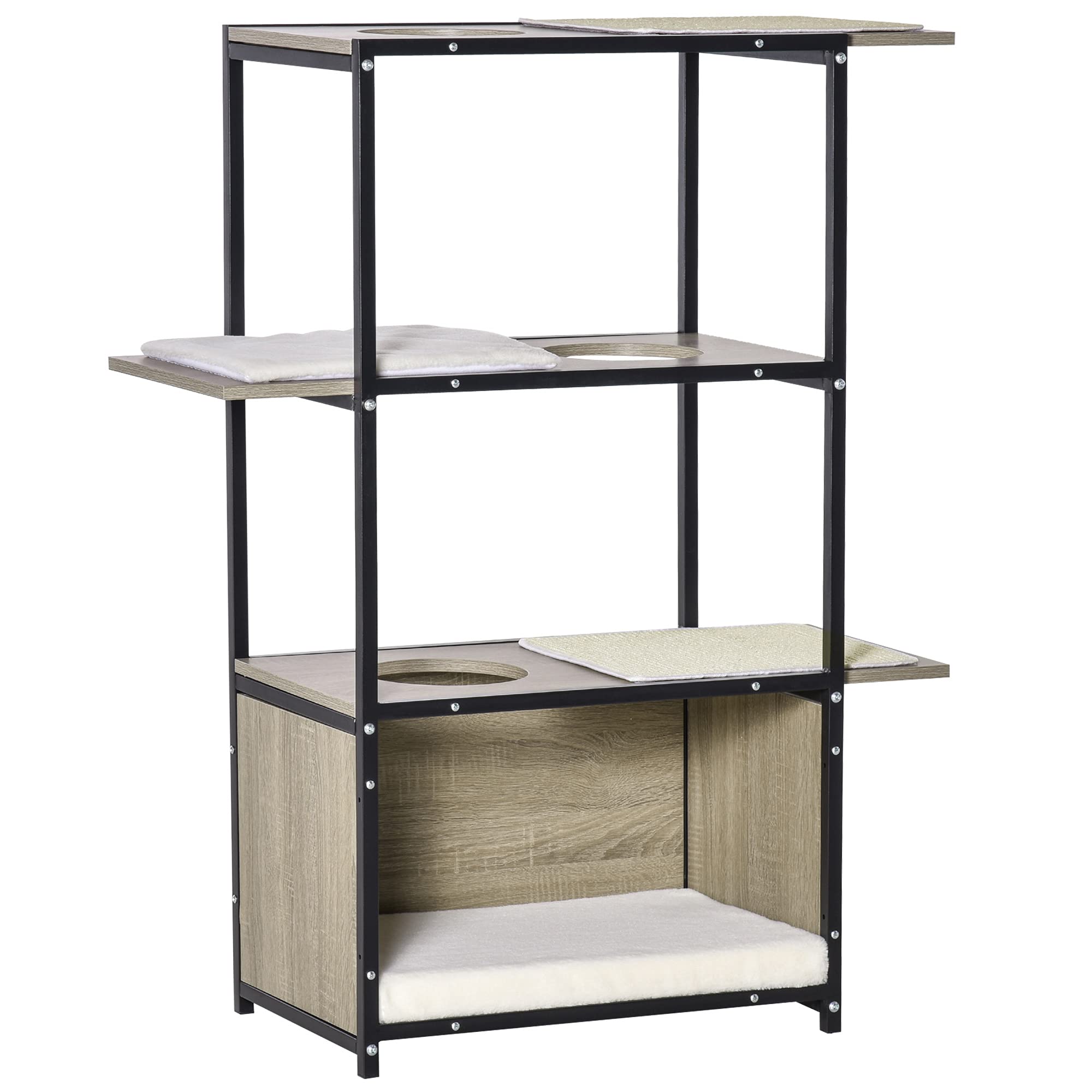 PawHut 48" H Cat House Cat Activity Tower Shelf Furniture with 3 Climbing Platforms, 1 Condo, Scratch Pad and Removable Cushions, Grey/Black