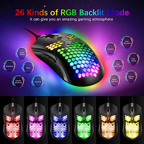 Lightweight Wired Gaming Mouse, 26 RGB Backlit Mice & 7 Buttons Programmable Driver ,PAW3325 12000DPI ,Ultralight Honeycomb Shell Ultraweave Cable Mouse Compatible with PC Gamers and Xbox and PS4