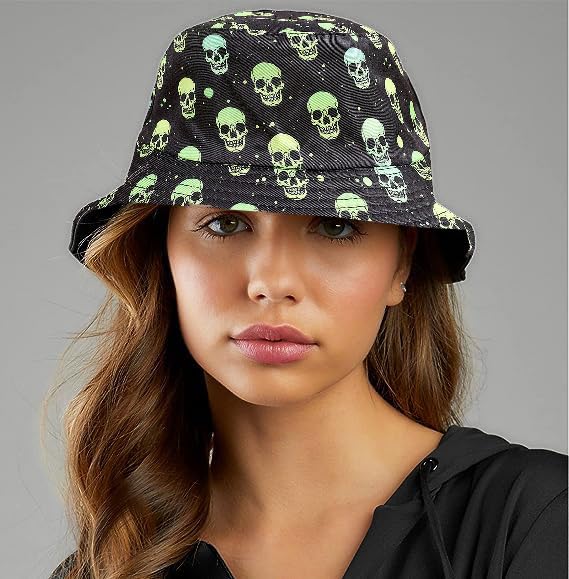 IHAUIUE Skull Print Bucket Hat Halloween Pattern Fisherman Cap Reversible Packable Sun Hats for Women, Men, Small Green Skull