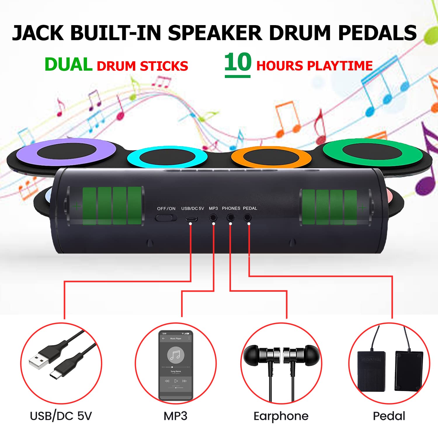 Oirtmiu Electric Drum Set – Rainbow Electronic Drum Set for Kids with Drum Sticks, Pedal, Headphone Jack – MIDI Roll Up Practice Drum Pad for Children and Adults – USB Rechargeable Kid Drum Set