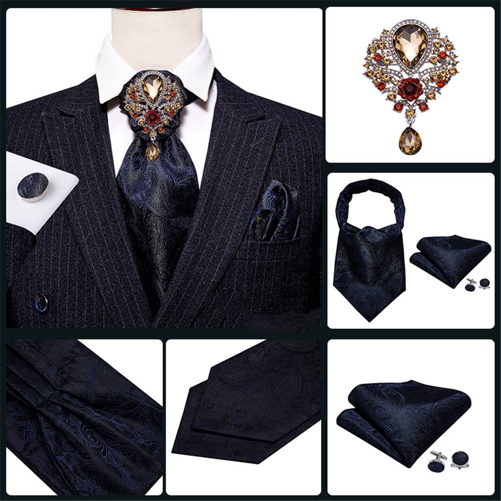 MJWDP Silk Men Cravat Tie Handky Cufflinks Set Rhinestone Brooch British Style Formal Gentlemen Wedding Party (Color : J, Size : One Size)