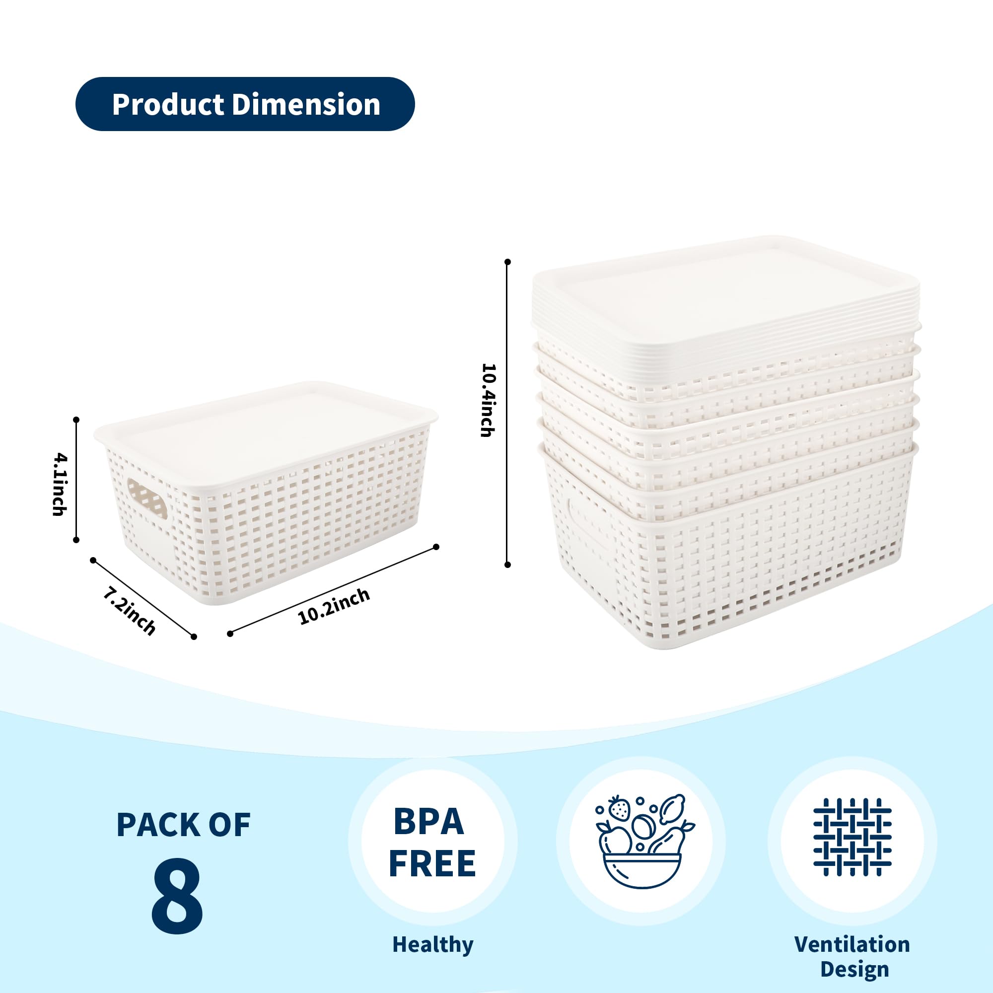 WEJOZEE Plastic Storage Baskets with Lid - Plastic Storage Containers Stackable Storage bins| Storage Baskets for Organizing Shelves Drawers Desktop Closet Playroom Classroom Office (Cream White)