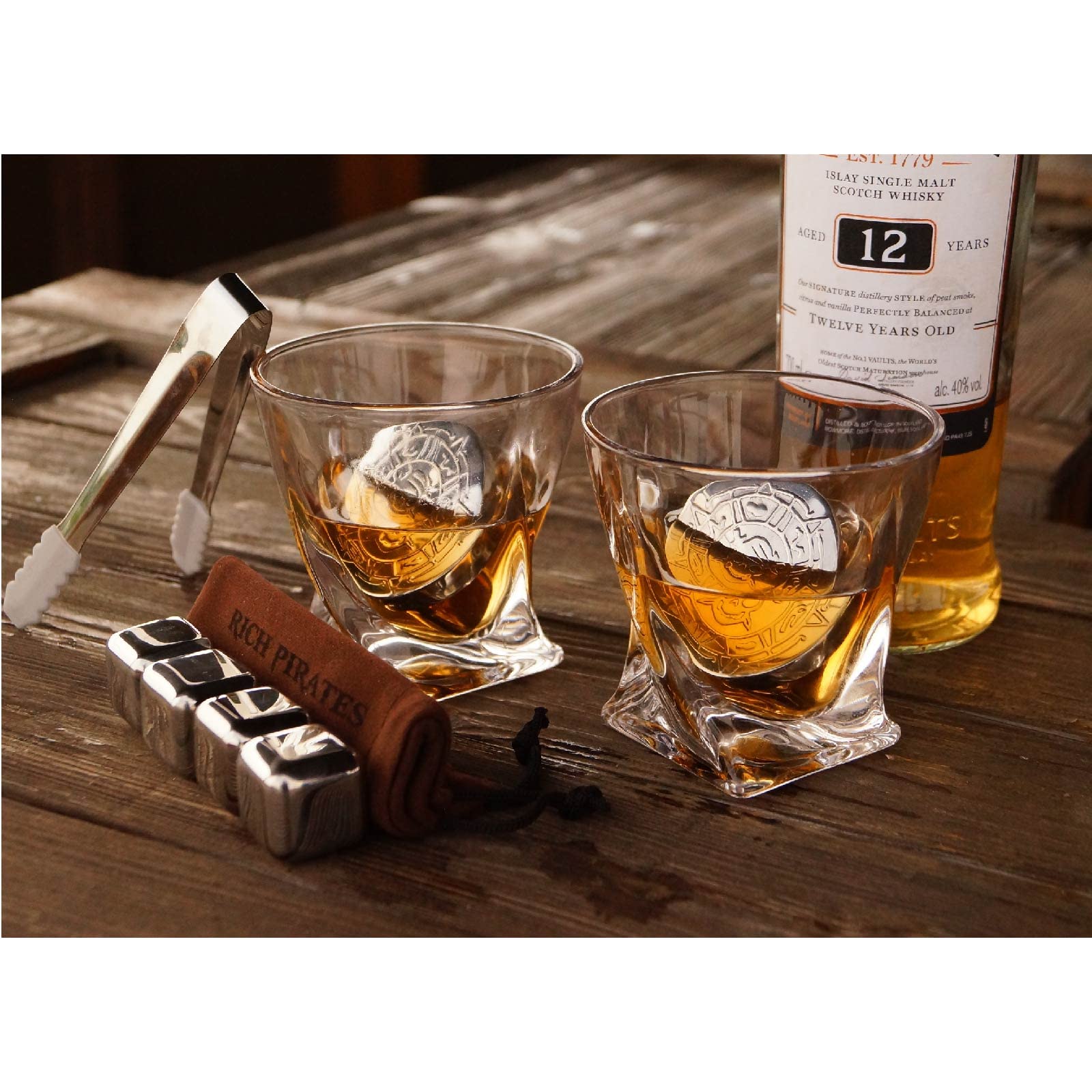 New Pirate Themed Silver Whiskey Decanter and Coin Set, Stainless Steel Whiskey Chilling Stones | 6pc Set with Chest | Whiskey Gift for Men, Dad, Husband, Boyfriend