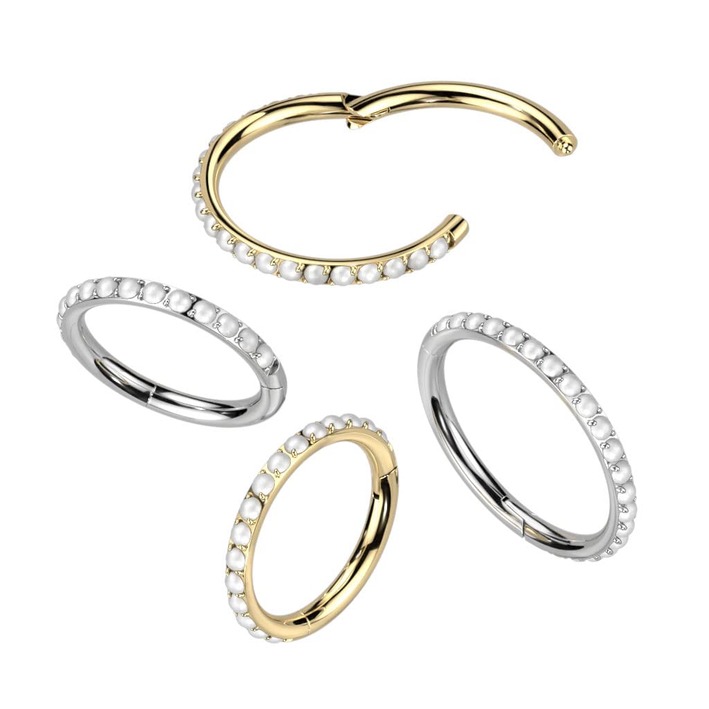 Pierced Owl 16GA F136 Implant Grade Titanium Outward Facing Synthetic Pearl Lined Hinged Segment Ring (Gold Tone)