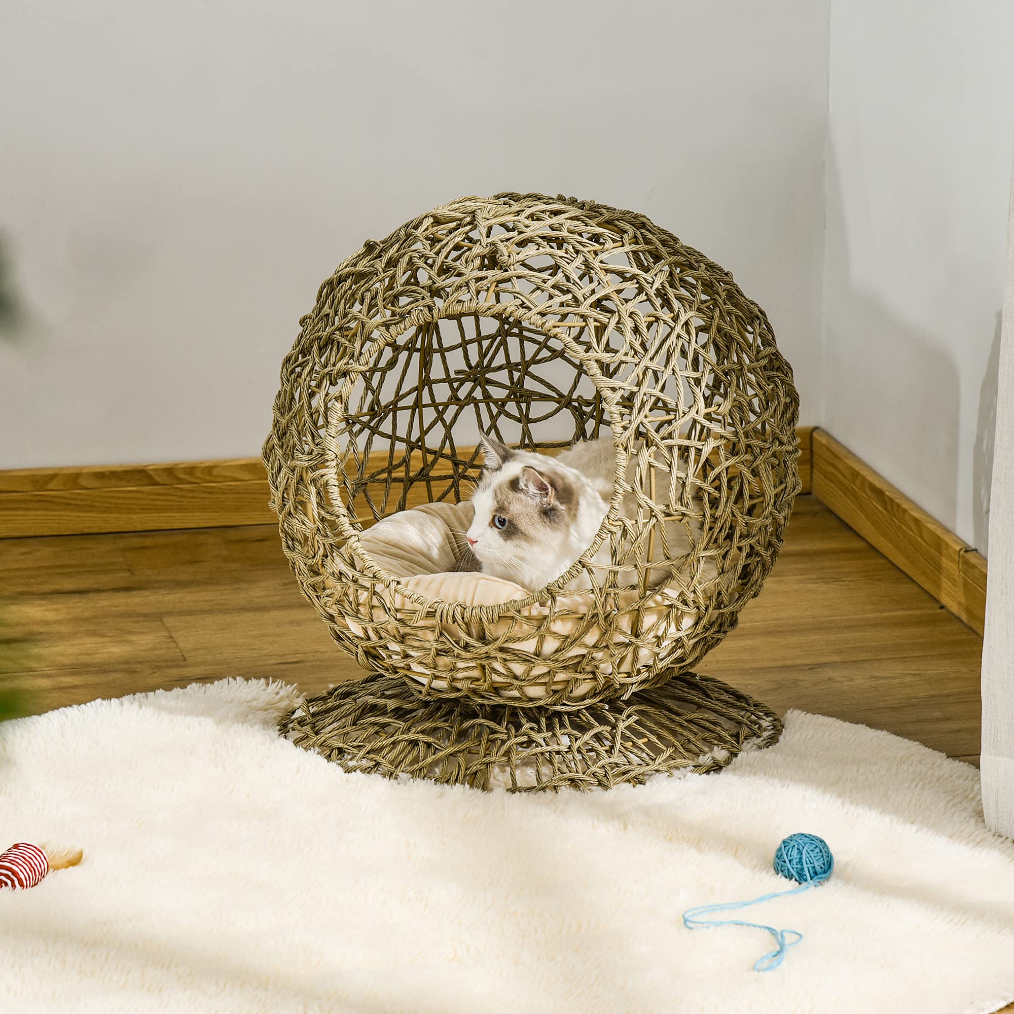 PawHut Rattan Elevated Cat Bed Kitty Condo with Comfortable Soft Cushion, Wicker Construction and Round Base, Brown