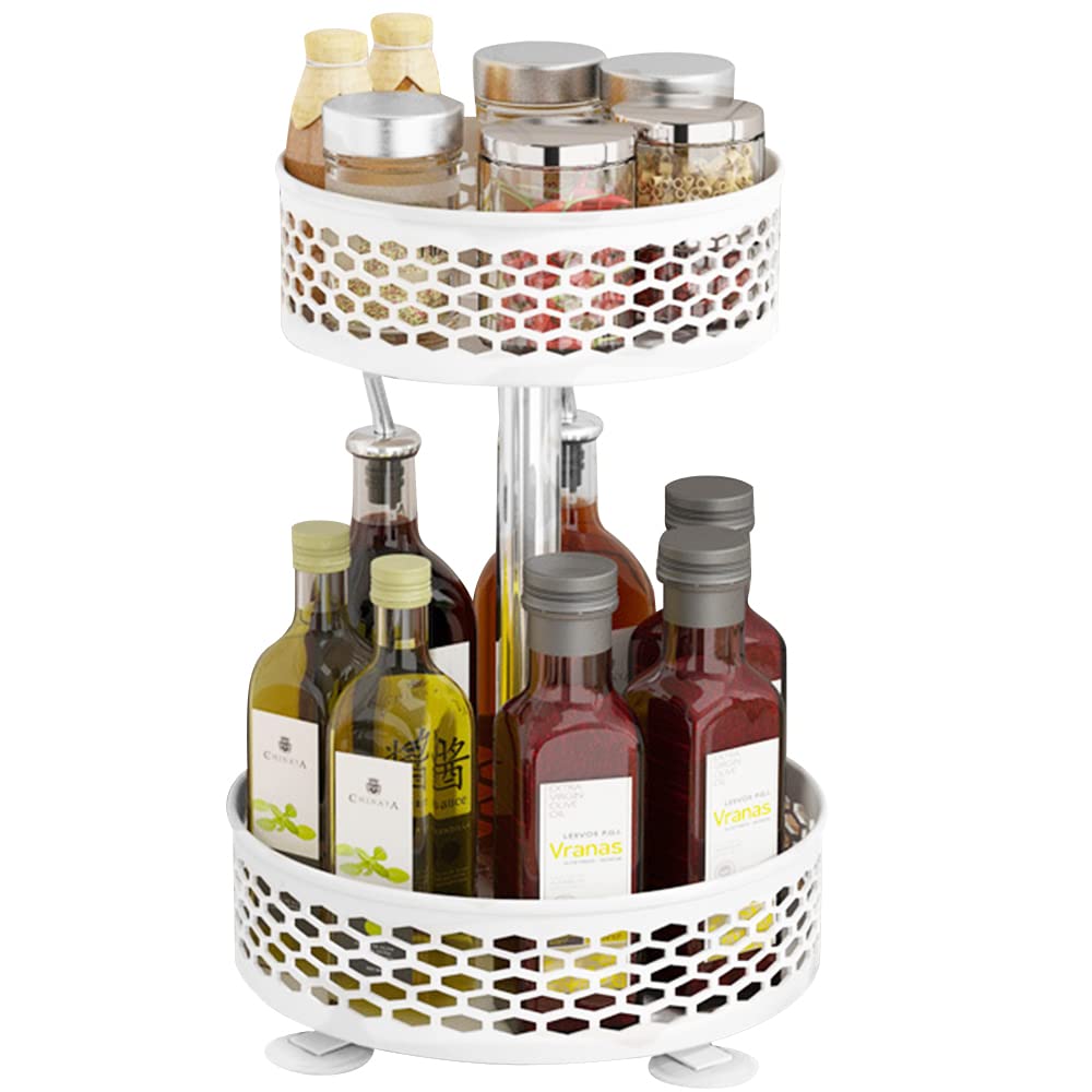 LBW Lazy Susan Organizer, 2 Tier Spice Turntable Organizer for Cabinet with Metal Sell, 10.2''Lx13.9''H Adjustable Spice Rack for Kichen Bathroom Table, White