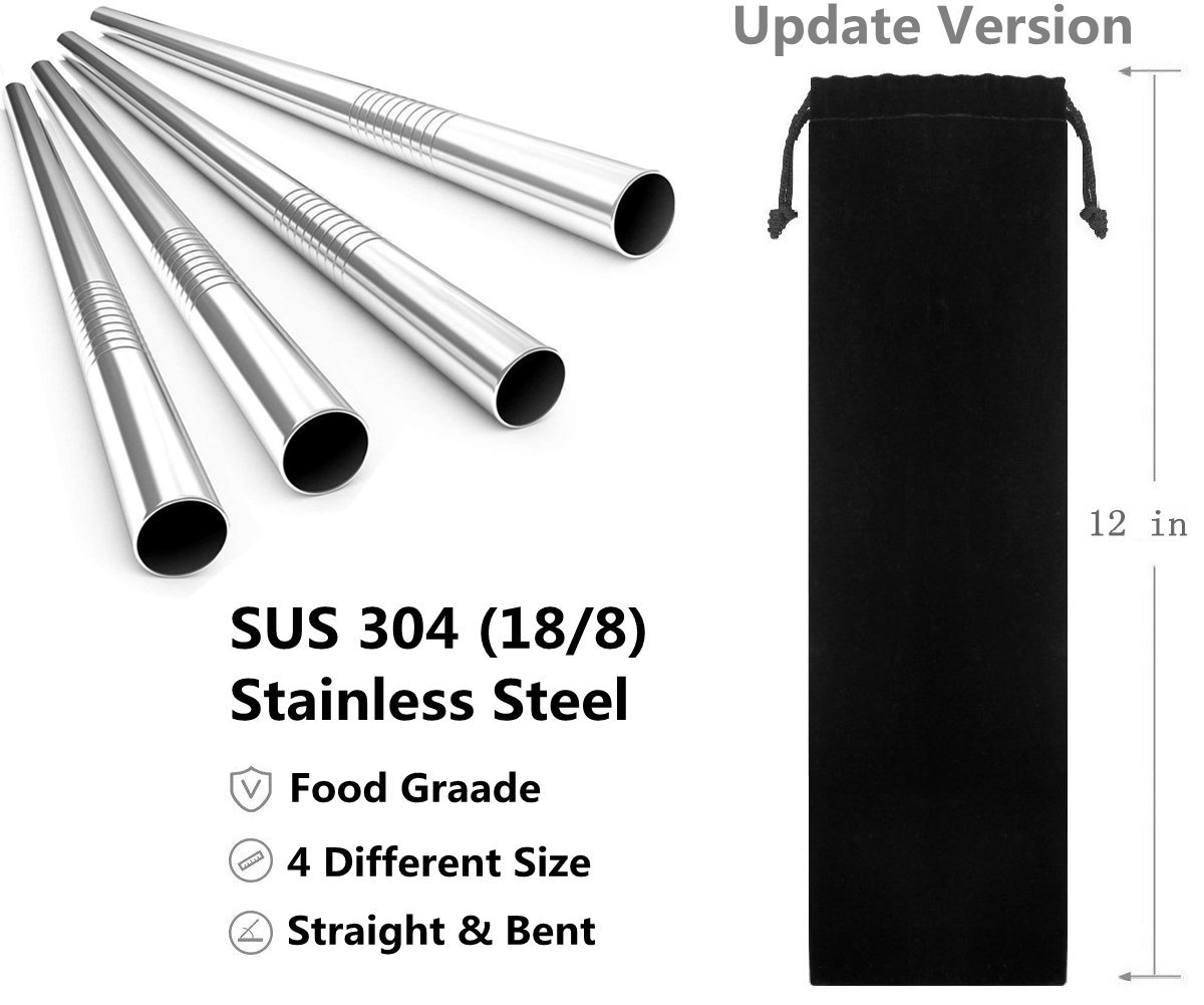 Reusable Stainless Steel Drinking Straws, 20 Pcs 4 Size - 6.3'' 7.1'' 8.5'' 10.5'', BPA Free Long Short Smoothie Drinking Curved Bent Straws with 2 Brushes and Carry Bag, Fit for 10/20/30 oz Tumblers