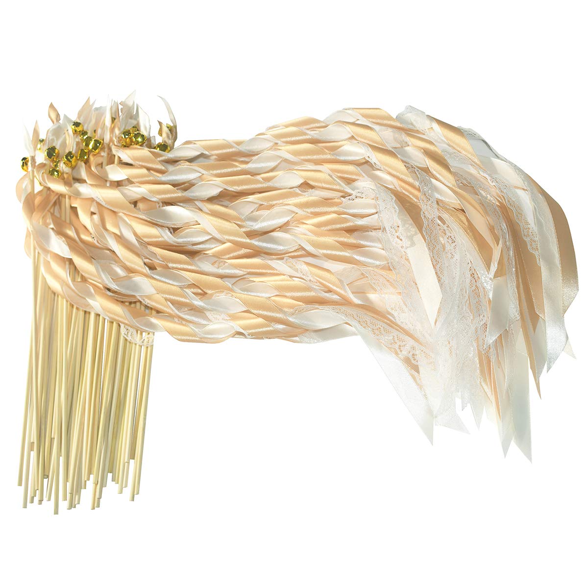 Kingsnow 50 Pack Champagne Lace Ribbon Wands Party Streamers with Bells Silk Fairy Stick Wand Party Favors for Wedding Send off Party Activities Baby Shower Holiday Celebration