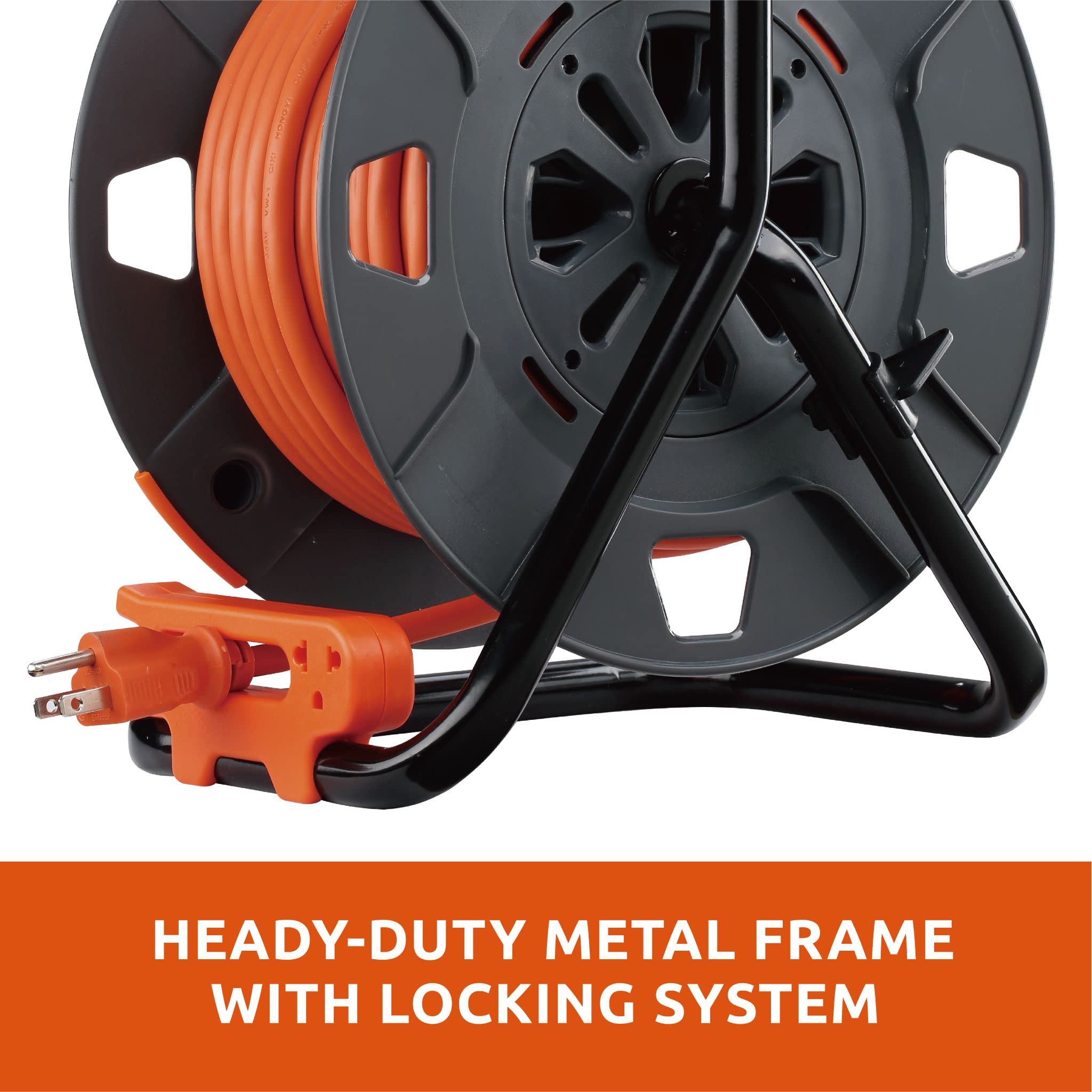 Link2Home Cord Reel 80 ft. Extension Cord 4 Power Outlets β 14 AWG SJTW Cable. Heavy Duty High Visibility Power Cord.
