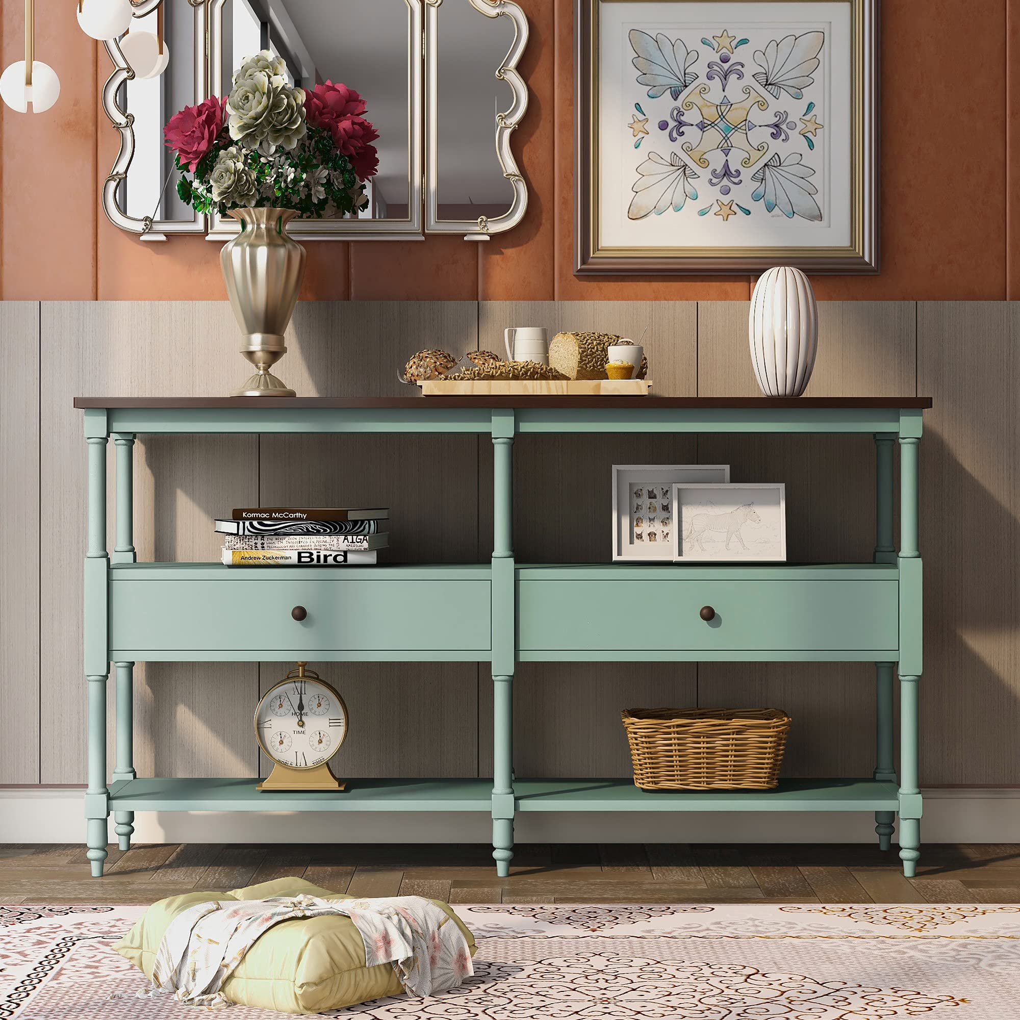 Merax Entryway Table Retro Style Console Table Sofa Table with 3-Tier Open Storage Shelf and 2 Drawers for Living Room Hallway (Cherry and Antique Blue)