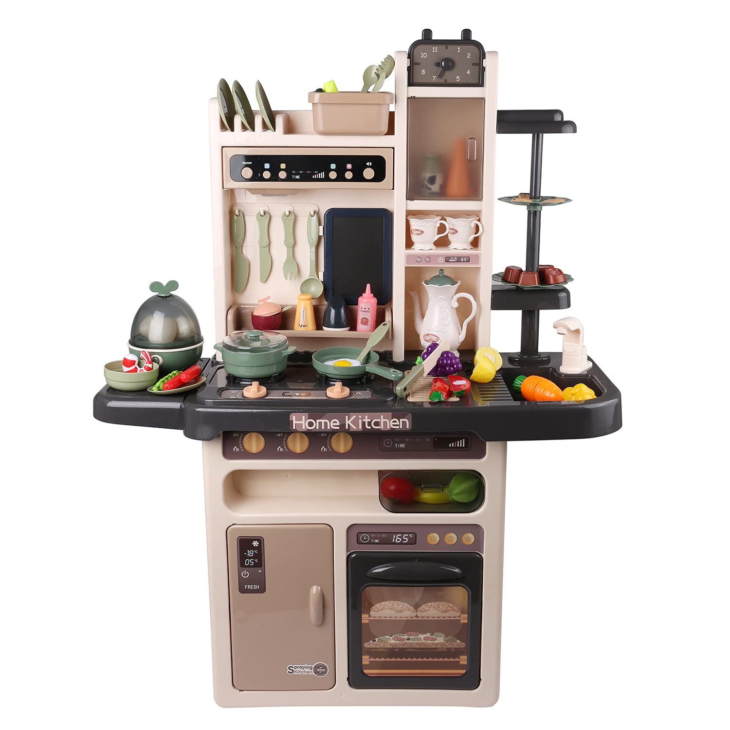 Kids Kitchen Playset with Lights and Sounds Music Steam Play Sink with Runing Water Cut Play Food