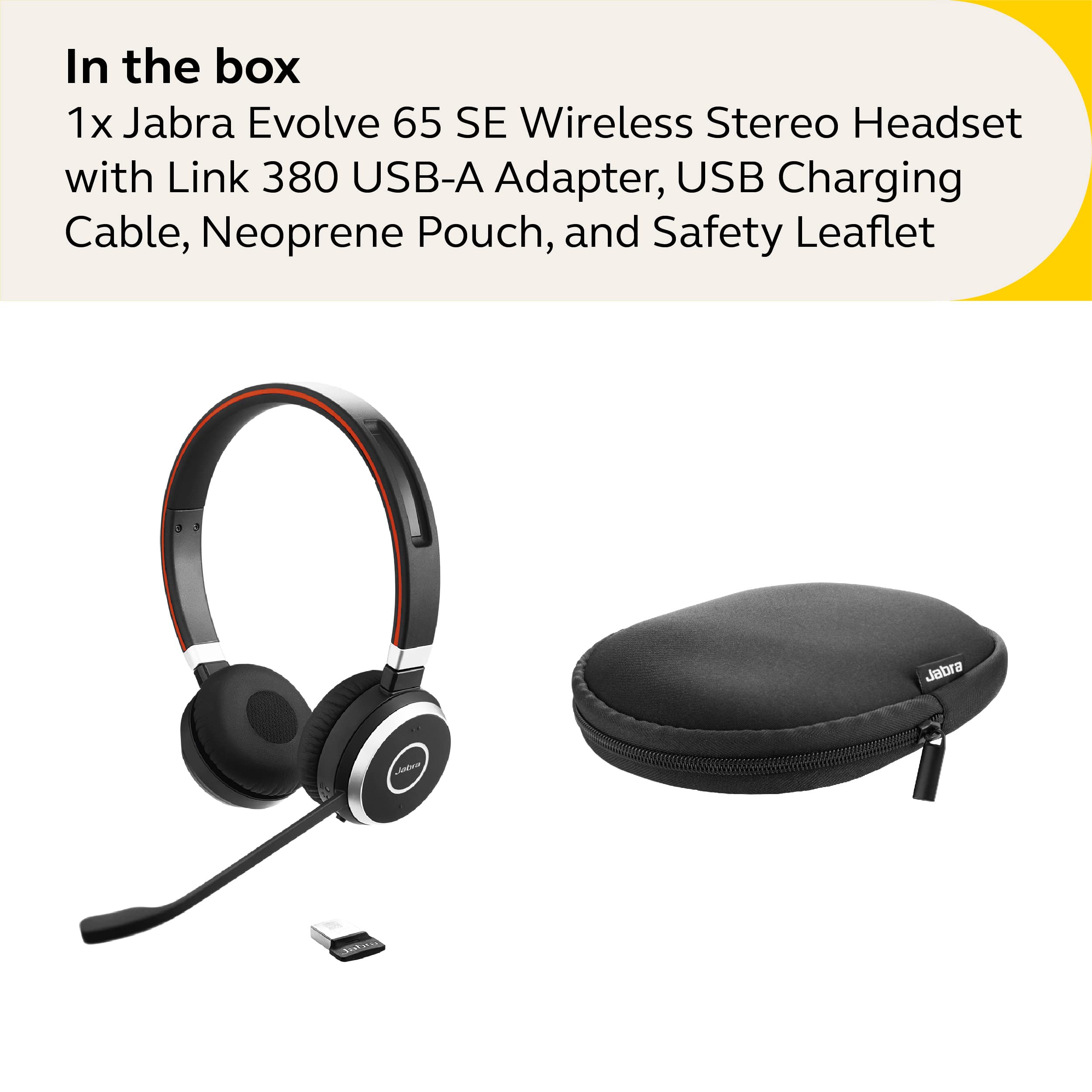 Jabra Evolve 65 SE Link380a UC Stereo- Bluetooth Headset with Noise-Cancelling Microphone, Long-Lasting Battery and Dual Connectivity - works with all other platforms - Black