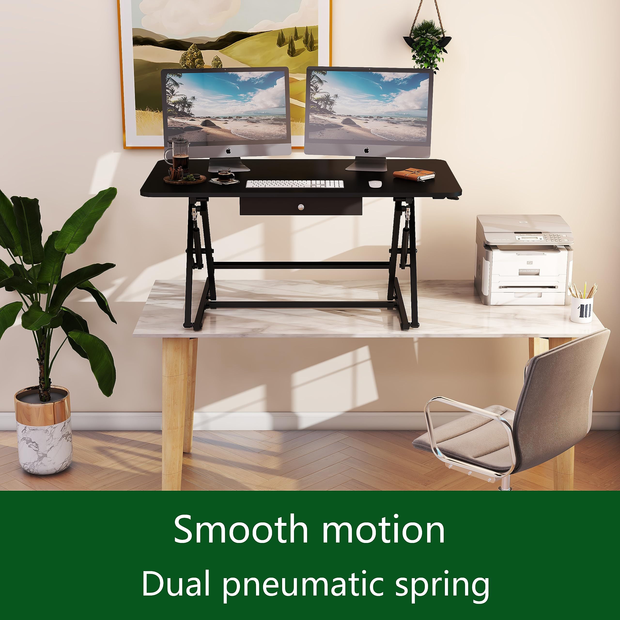 Lubvlook Standing Desk Converter, 42 x 24 Inches Height Adjustable Sit Stand Desk Riser for Dual Monitors with Drawer, Black