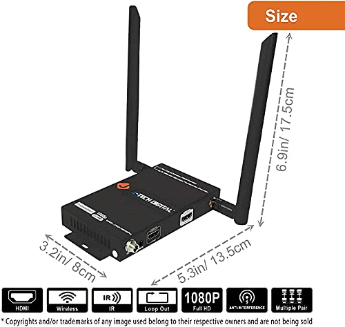 J-Tech Digital 1X2 Wireless HDMI Extender 200β Dual Antenna Supporting Full HD 1080p with HDMI Loop Output Operation Channel Change IR Passthrough (Receiver + Transmitter 1080P 200ft)