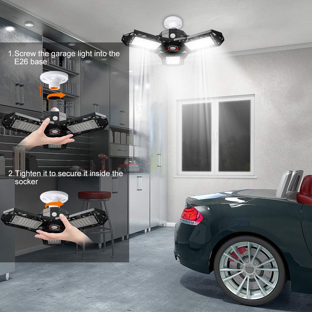 LED Garage Lights, 6000LM 6500K Super Bright Garage Ceiling Light with E26 Screw Socket, LED Three-Leaf Shop Light Adjustable Multi-Position Panels for Garage Attic Basement (Radar Sensor, 100W)