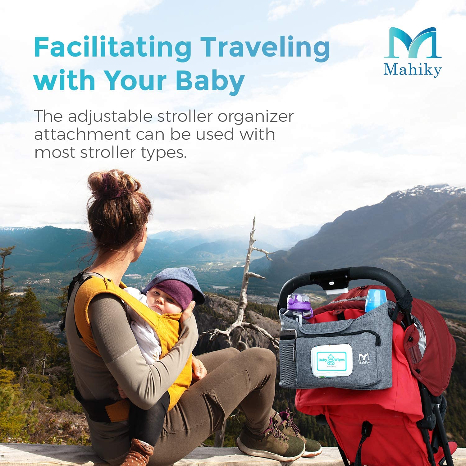 Mahiky Universal Baby Stroller Organizer Stroller Accessories Bag Stroller Storage Bag with Cup Holders Stroller Organizer Parent Console Stroller Storage Pouch with Easy Access Wipes Pocket