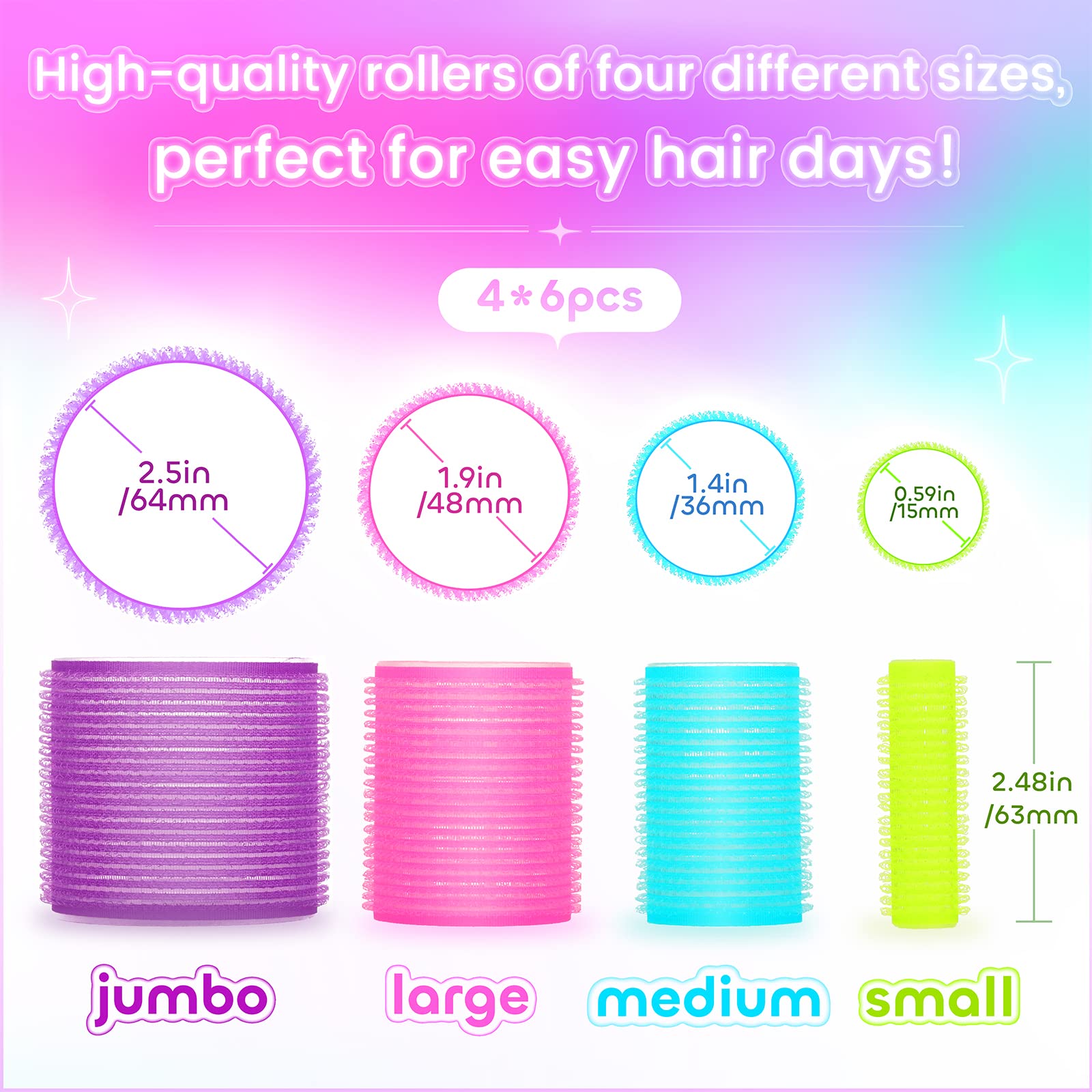 Sooninno Hair Rollers Curlers Set 38 Pcs, Perfect for Long Medium Short Hair with 4 Sizes Self Grip Rollers Heatless Styling Tools, with Large Cosmetic Bag, Duckbill Clips