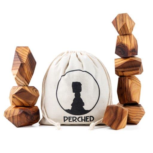 PERCHED Natural Cedar Stacking Rocks, Large Wooden Blocks, Montessori Puzzle Game, Toddler Toys For Classroom, Wood Balancing Stones Set (9 Pc)