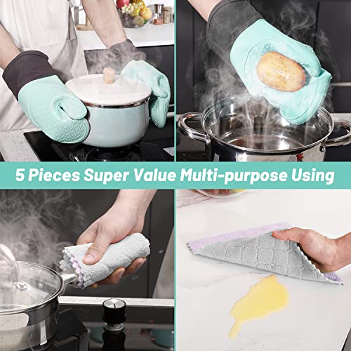 MKLINSIYU Silicone Kitchen Oven Mitts,Heat Resistant 500 Degrees,Oven Mitts Set,Waterproof Flexible Glove and Quilted Liner for Oven Cooking, Grill & BBQ (Mint Green), 12 x 5.7 x 0.75 inches