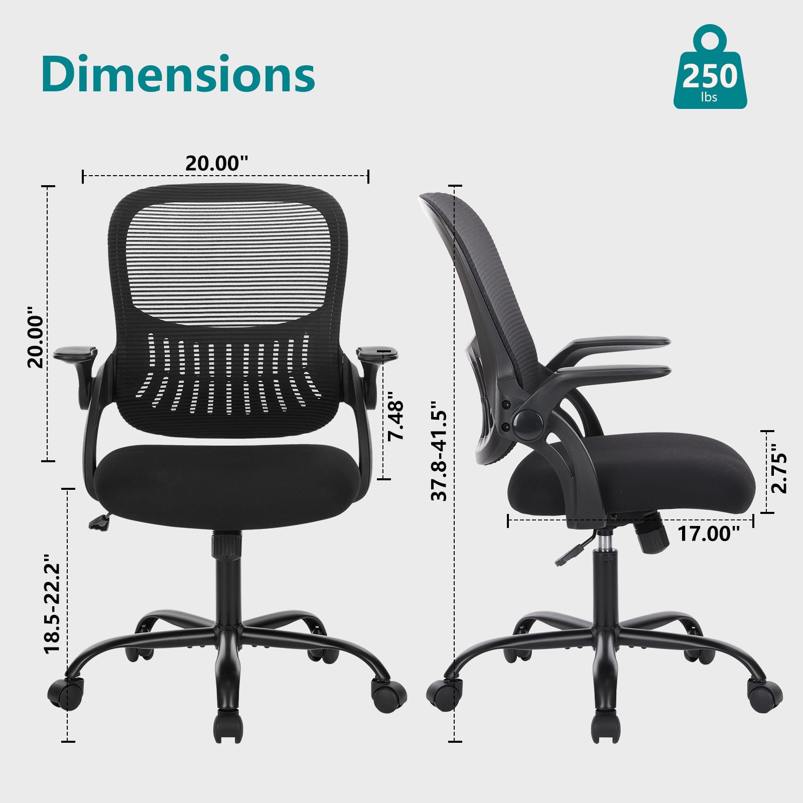 JHK Office Desk Computer Flip-up Armrests, Adjustable Height Mid Back Lumbar Support Padded Seat, Ergonomic Home 360° Swivel Rolling Rocking Mode Breathable Mesh Modern Executive Chair, Dark Black