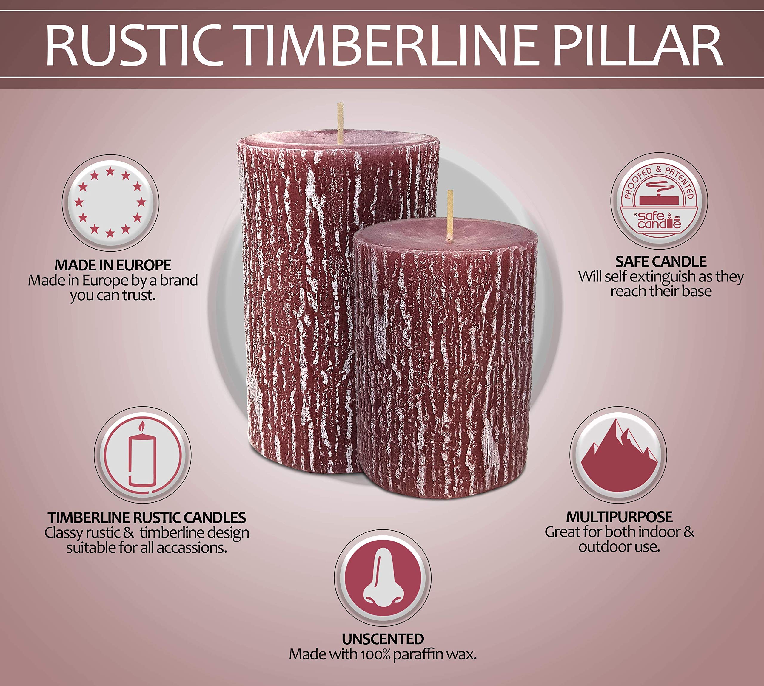Hyoola Timberline Pillar Candles - 6 Pack - Rose Pink Pillar Candles - European Made Rustic Pillar Candle - 2.5 Inch x 3.5 Inch