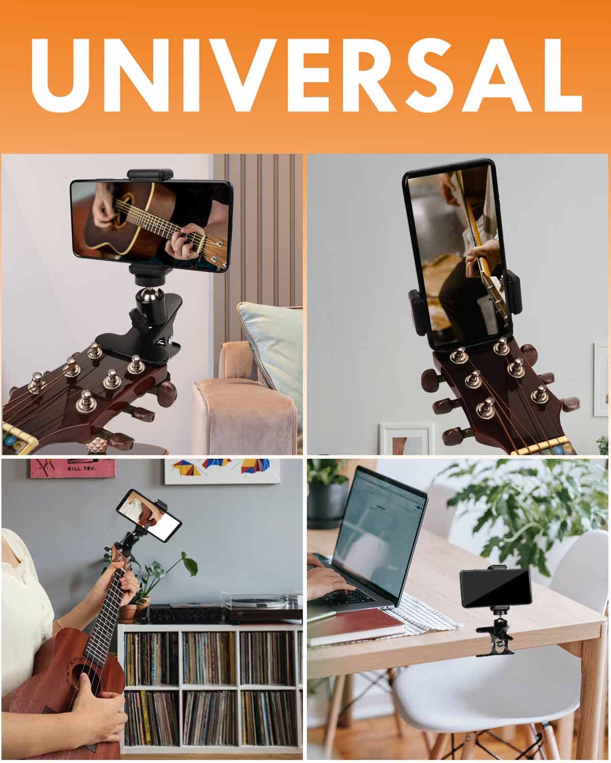 LMS Guitar Head Phone Holder Cell Phone Stand Clamp Phone Mount with 1/4 Ball Head Adapter Universal Guitar Head Clip for Bass Ukulele Multifunctional clip phone holder