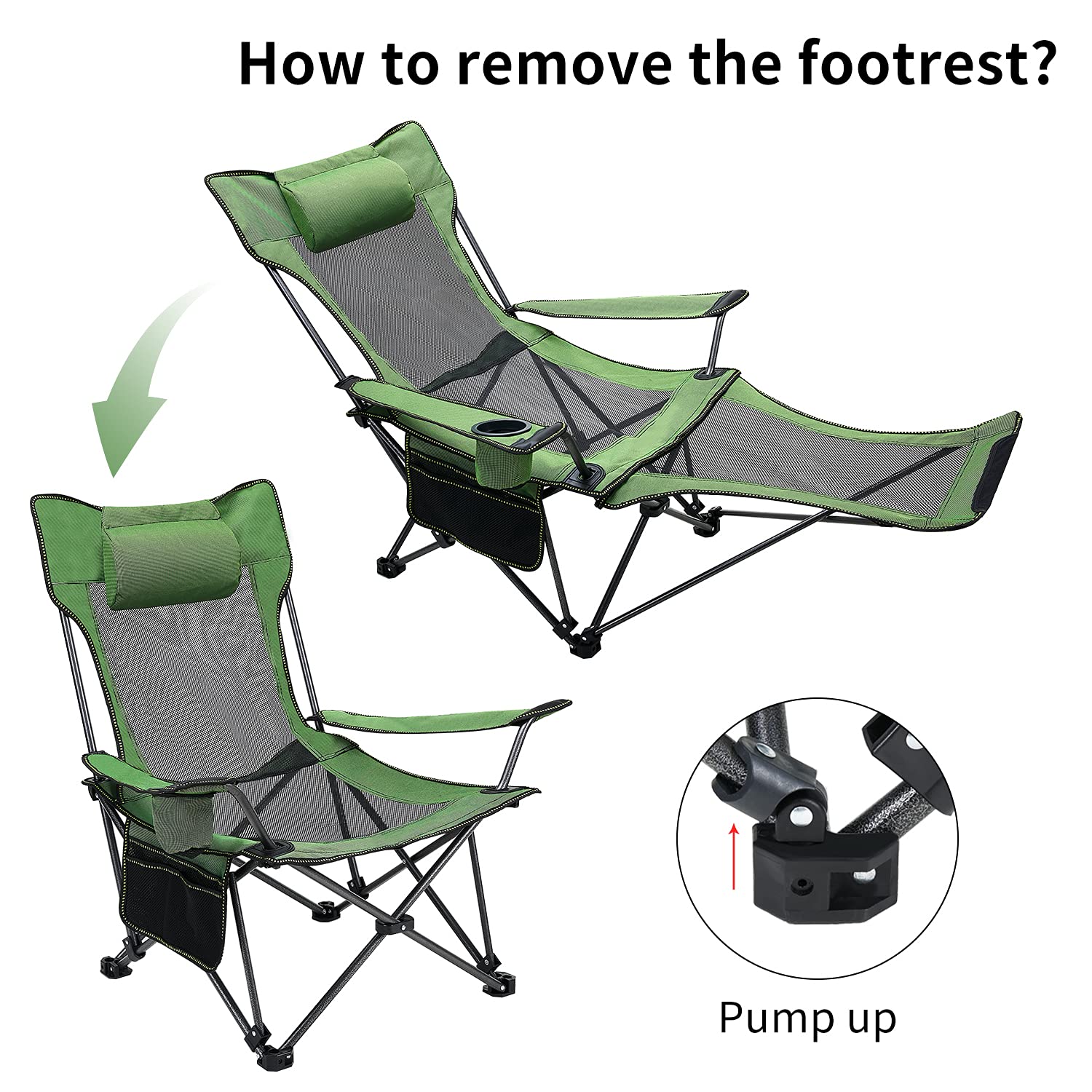 METKIIO Portable Camping Chair with Adult Detachable Footrest Mesh Folding Recliner, Green
