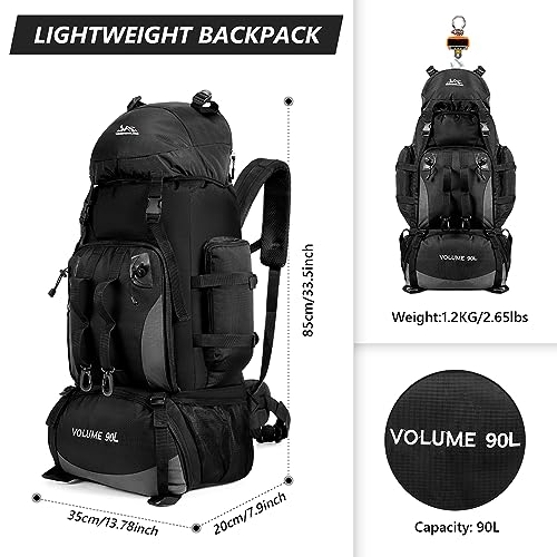 Unineovo 90L Large Capacity Outdoor Backpack for Women Men, Rainproof Camping Backpack with Rain Cover for Hiking, Camping and Traveling,Frameless (Black)