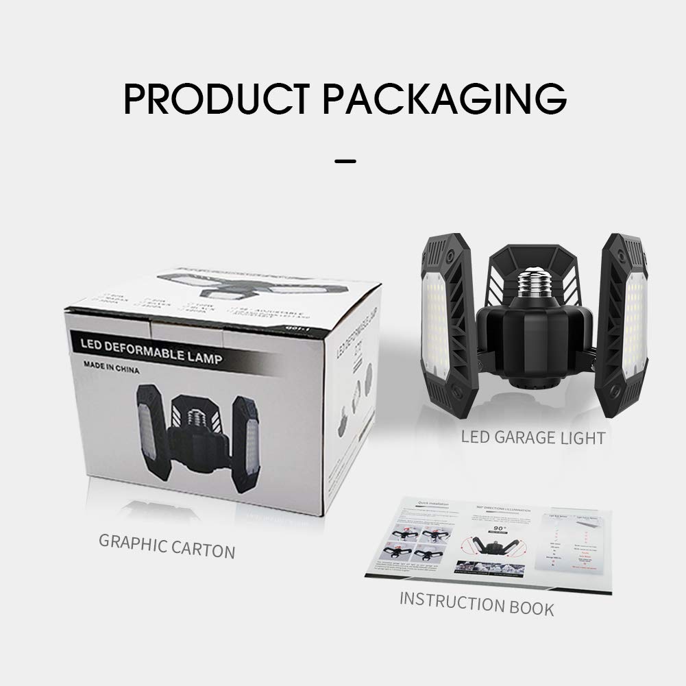 LED Garage Light,60W E26/E27 6000LM Deformable Bay Lighting,Led Shop Light with 3 Adjustable Aluminum Panels,6000K Daylight Garage Light for Workshop Basement Storage and Barn