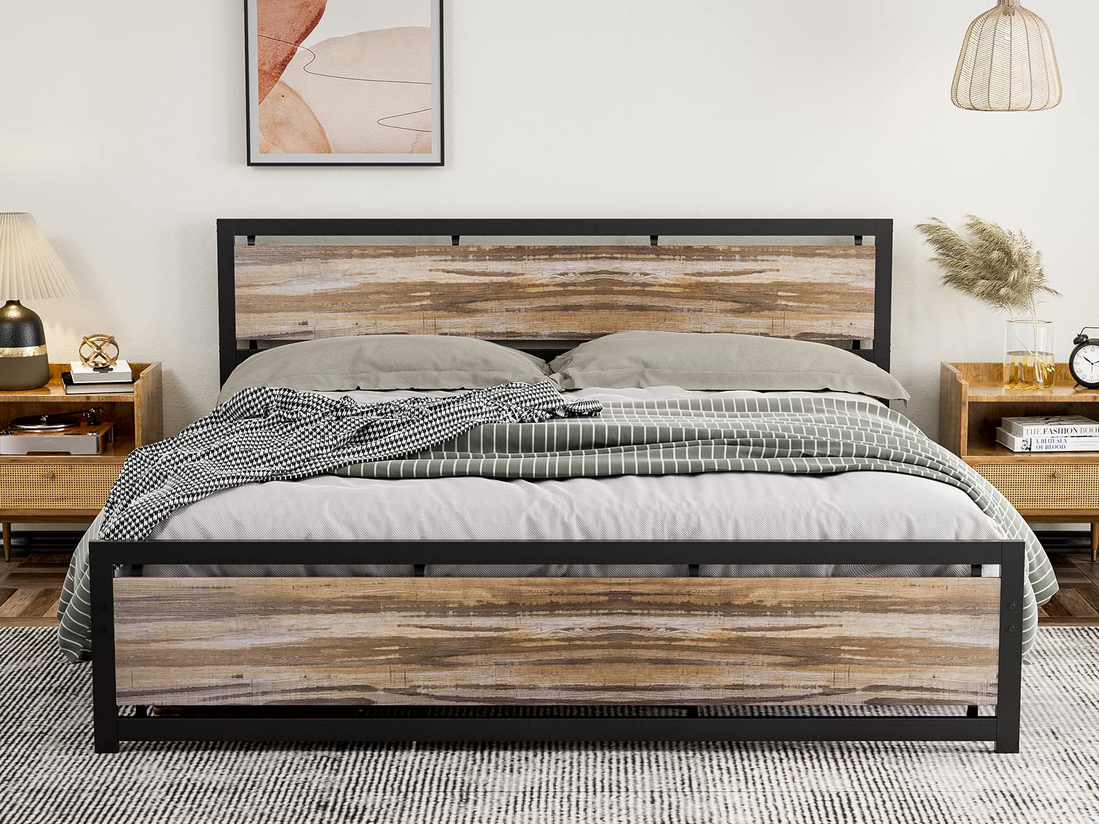 IKIFLY California King Size Metal Bed Frame/Industrial Cal King Platform Bed with Wooden Headboard Footboard/Heavy Duty Steel Slats Support/No Box Spring Needed(Cal King, Light Brown)