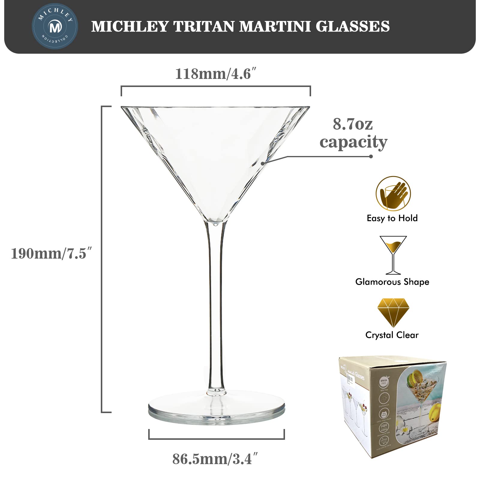 MICHLEY Elegant Cocktail Glasses 100% Tritan Plastic Martini Glasses 8.7oz, Dishwasher Safe, Suitable for Parties, Picnics, Set of 4