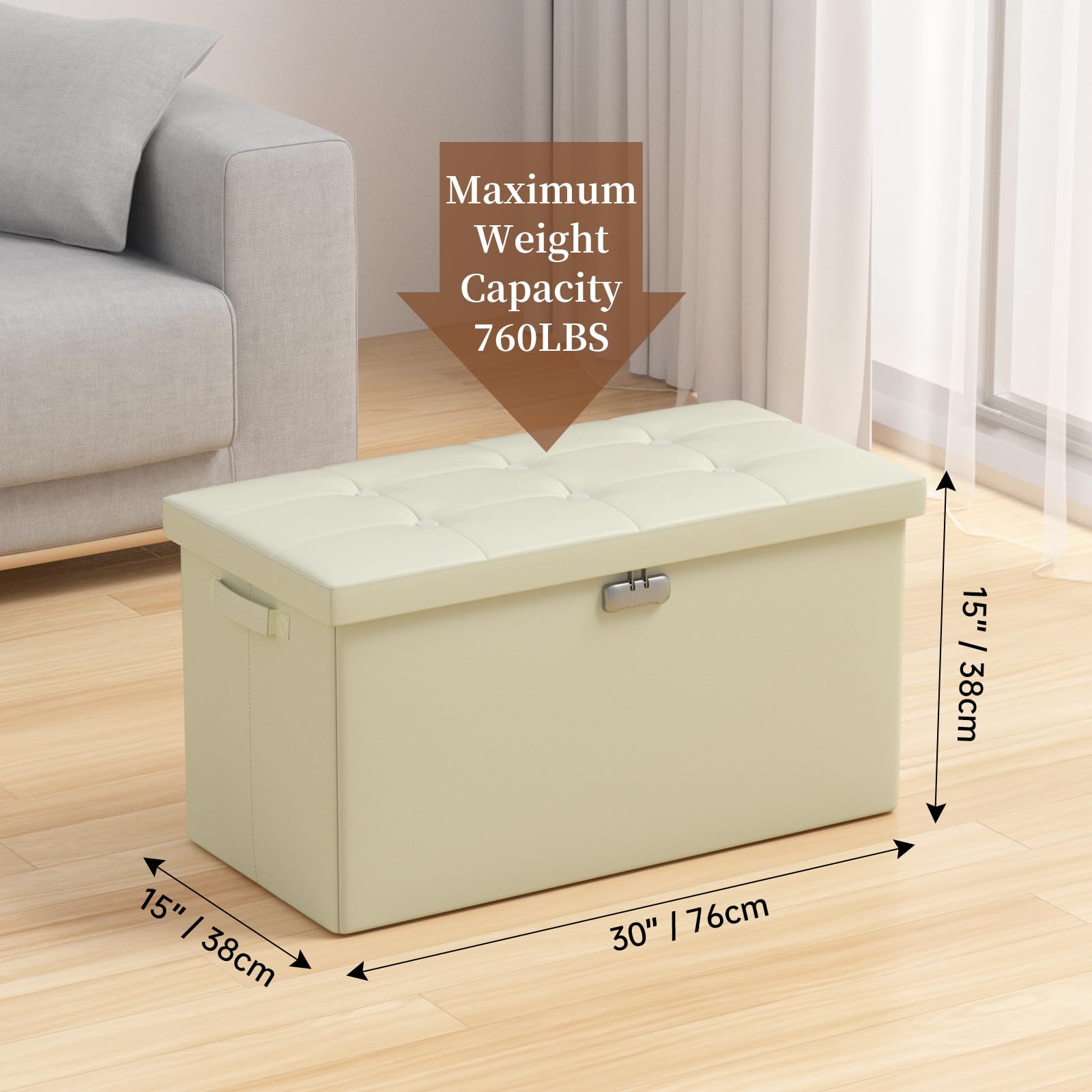 JHSafer 30 Inches Folding Storage Ottoman Bench, Fireproof Storage Chest Foot Rest Stool with Lock, Storage Bench with Handle for Bedroom, Leather Ottoman with Storage for Living Room Hallway, Black
