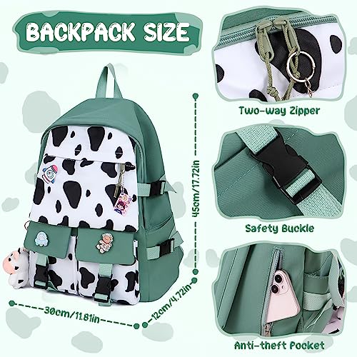 Unineovo Cow Print Kawaii Backpack with Cute Pin Accessories Plush Pendant Kawaii School Backpack Cute Aesthetic Backpack