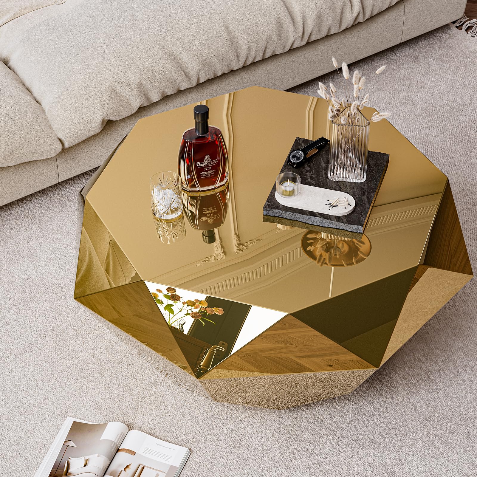 IKIFLY Modern Gold Stainless Coffee Table, Large Diamond Fashion Design Accent Table End Table for Living Room Bedroom