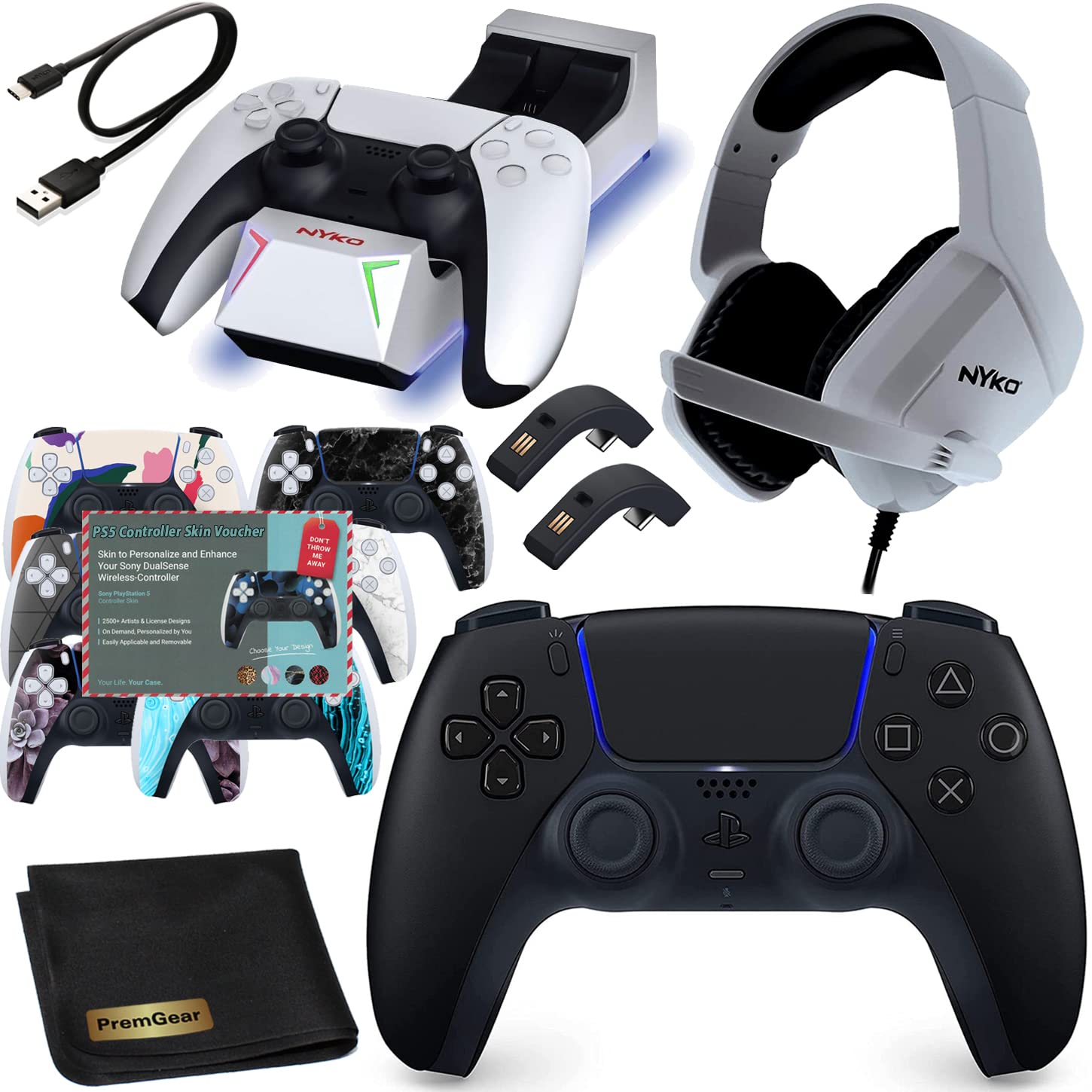 Midnight Black Sony DualSense Wireless PS5 Controller for PlayStation 5, Bundle with Over-ear Gaming Headset with Mic, Dual Port Charging Dock, Controller Skin Voucher & PremGear Cloth