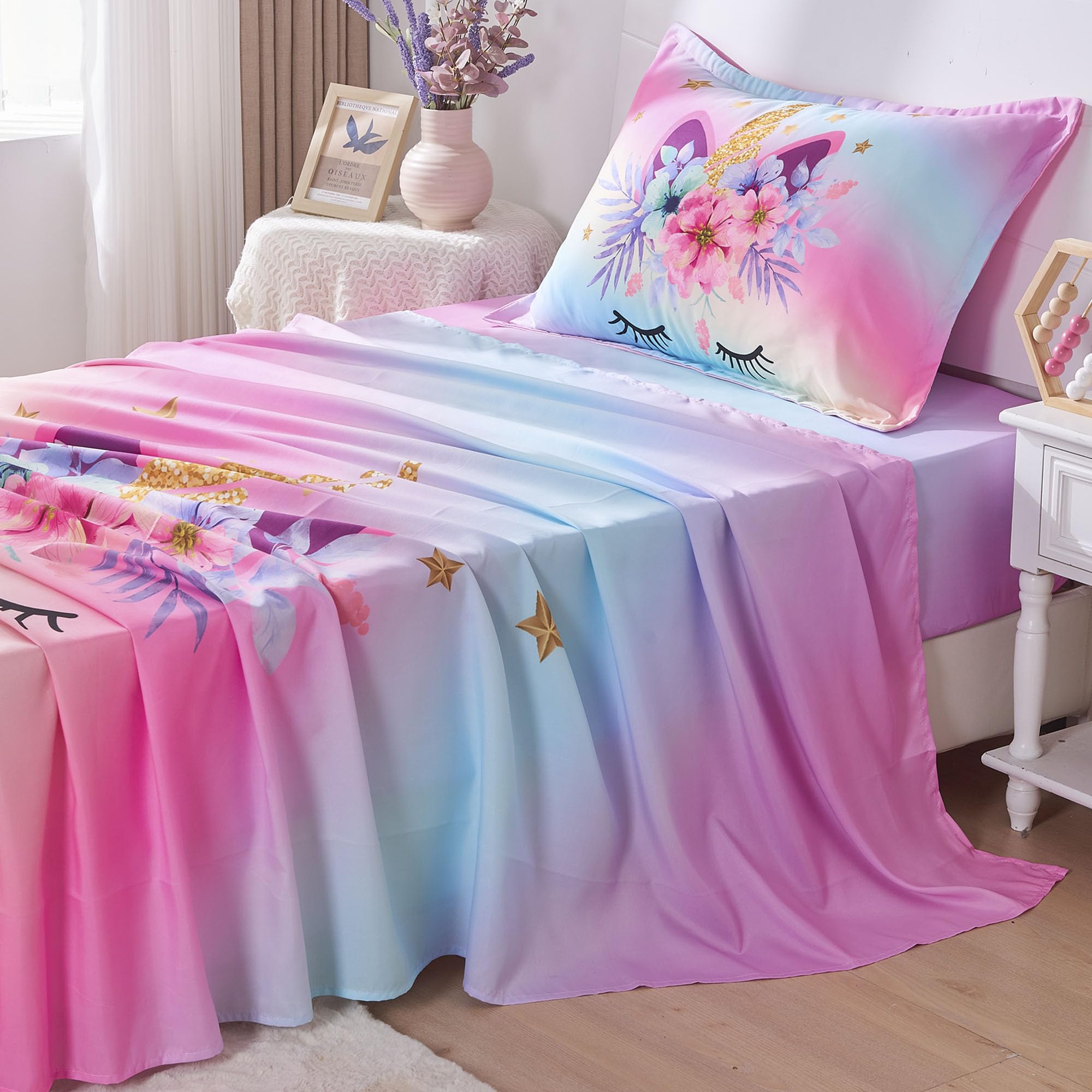 VIVILINEN Twin Size Sheet Set 3 Piece Rainbow Unicorn Kids Bed Sheets Set for Girls Kids Bedding Sheets Toddler Twin Bedding Set Include Flat Sheet, Deep Pocket Fitted Sheet and Pillowcase
