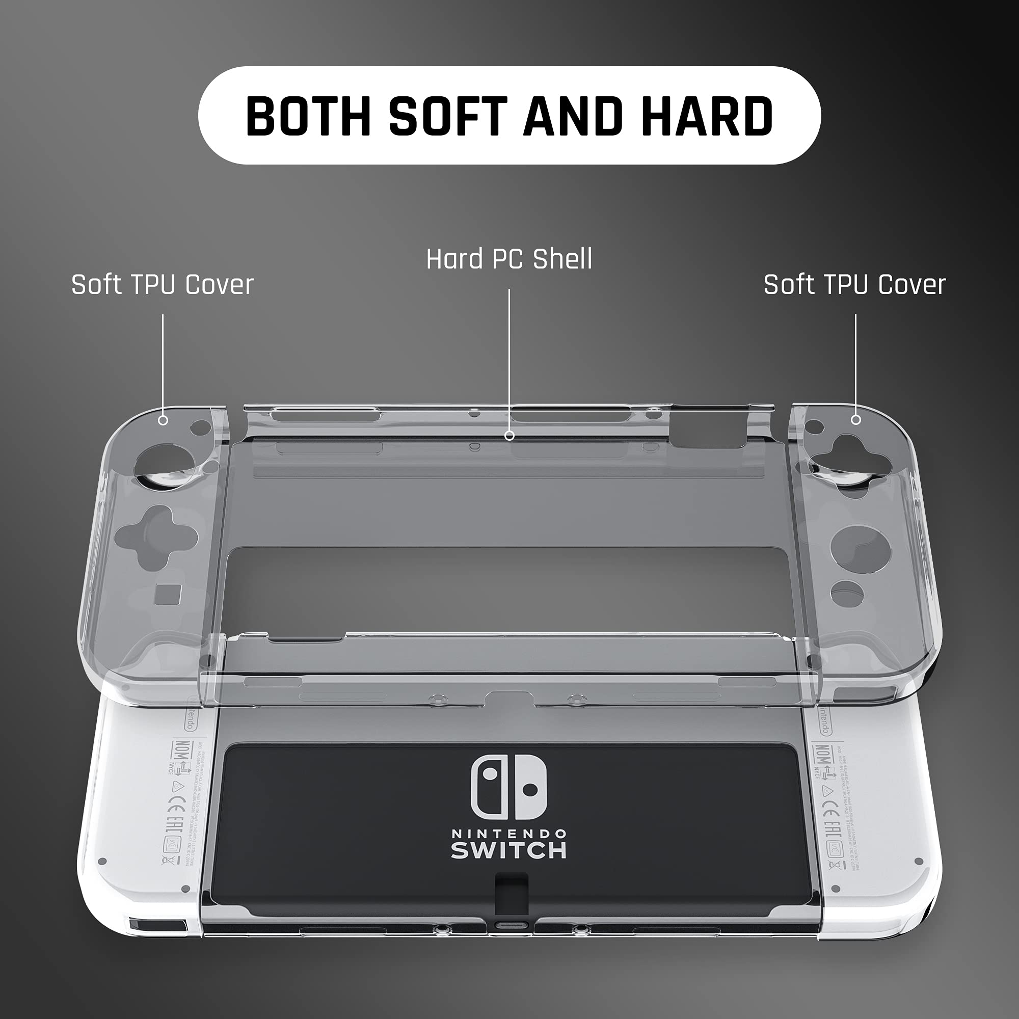 LASTYAL Hard Protective Clear Case Cover Compatible with Nintendo Switch OLED, Soft TPU Crystal Shell for Switch Joycon Controller with Screen Protector and 8 Thumb Grip Caps