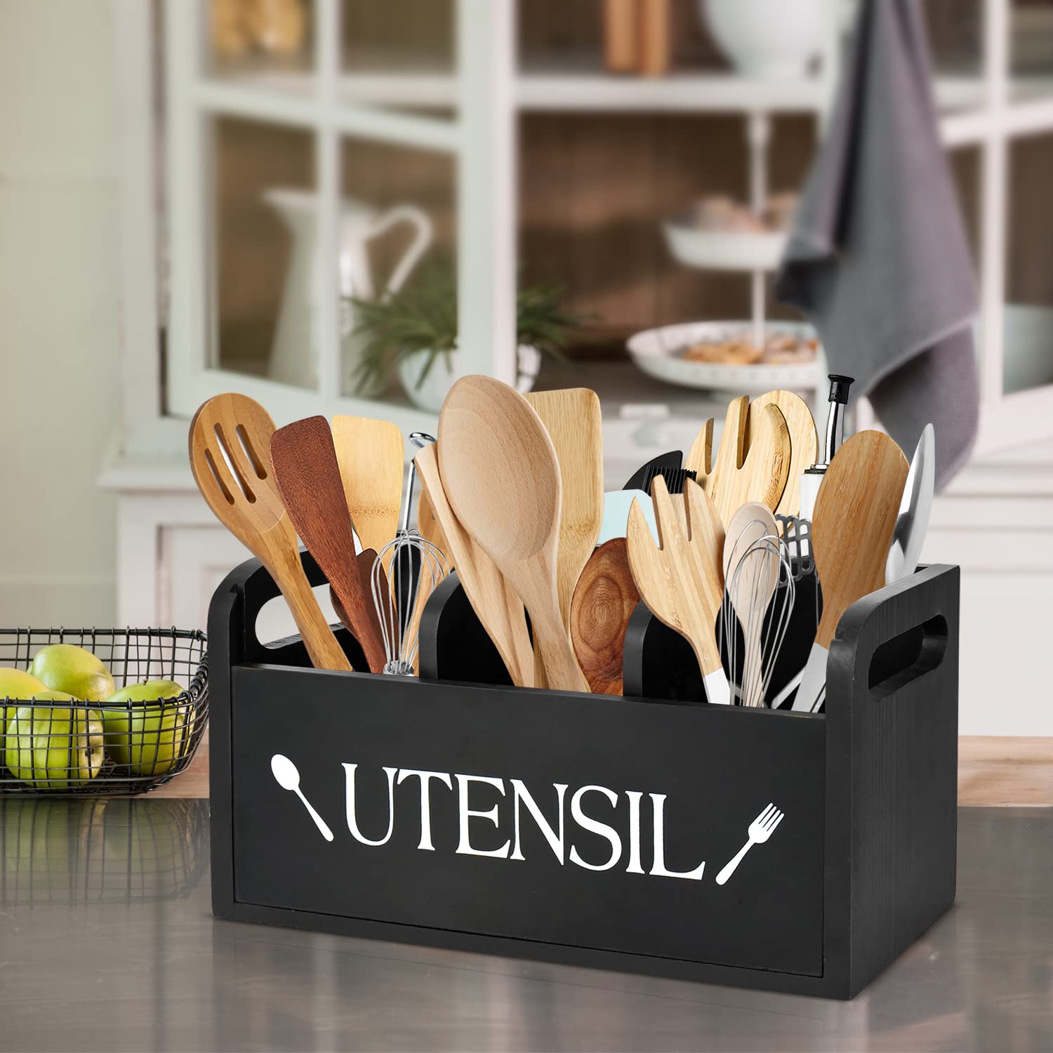 MEMOORIAL Utensil Holder for Kitchen Counter, Rustic Large Kitchen Utensil Organizer with 3 Compartments, Utensil Caddy Farmhouse Kitchen Decor for Flatware, Cooking Tools Storageā¦