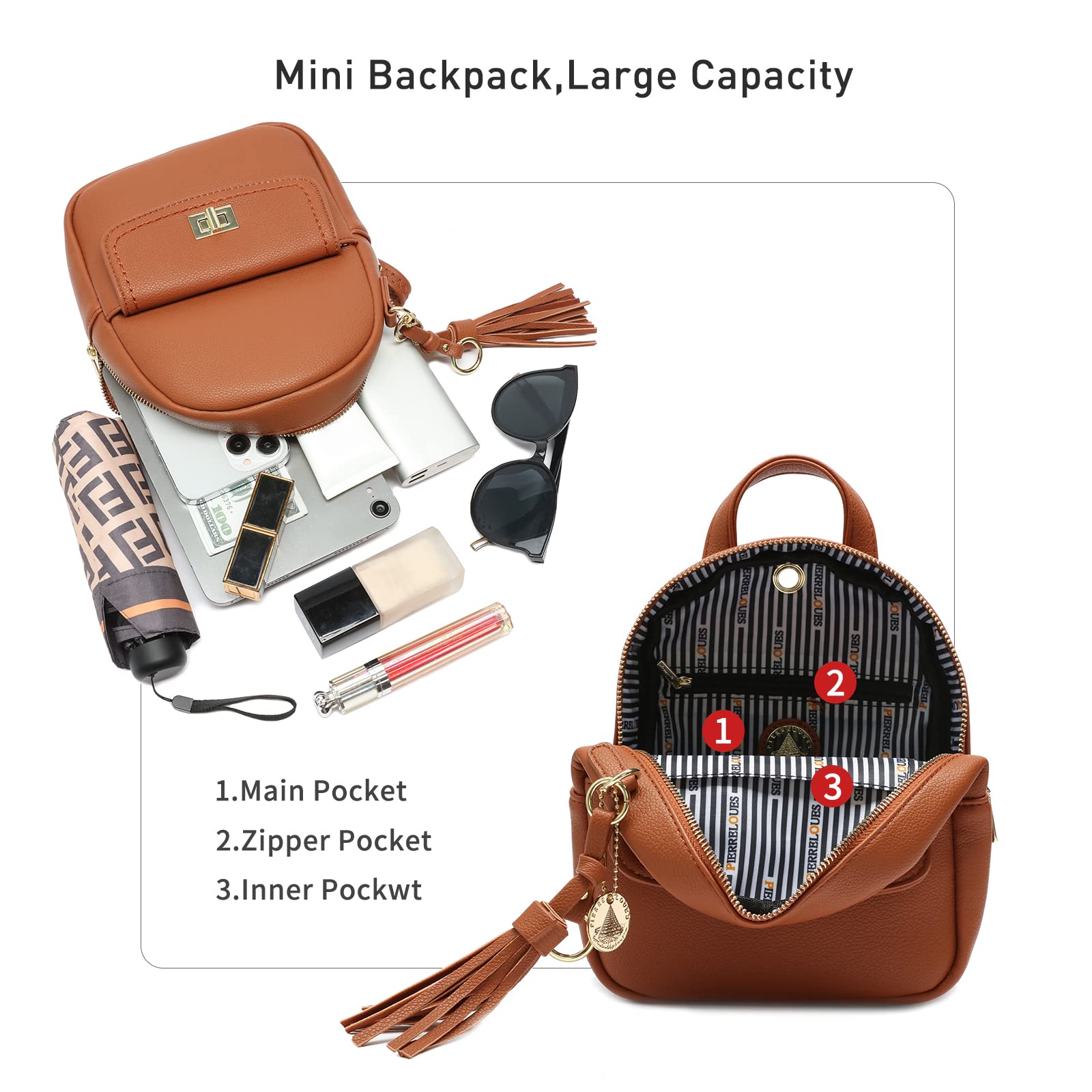 PIERRELOUES Mini Backpack Purse for Women Cute PU Leather Backpack Small Backpack Purse Multifunctional Crossbody Shoulder Handbag Purse With Charming Tassil BROWN