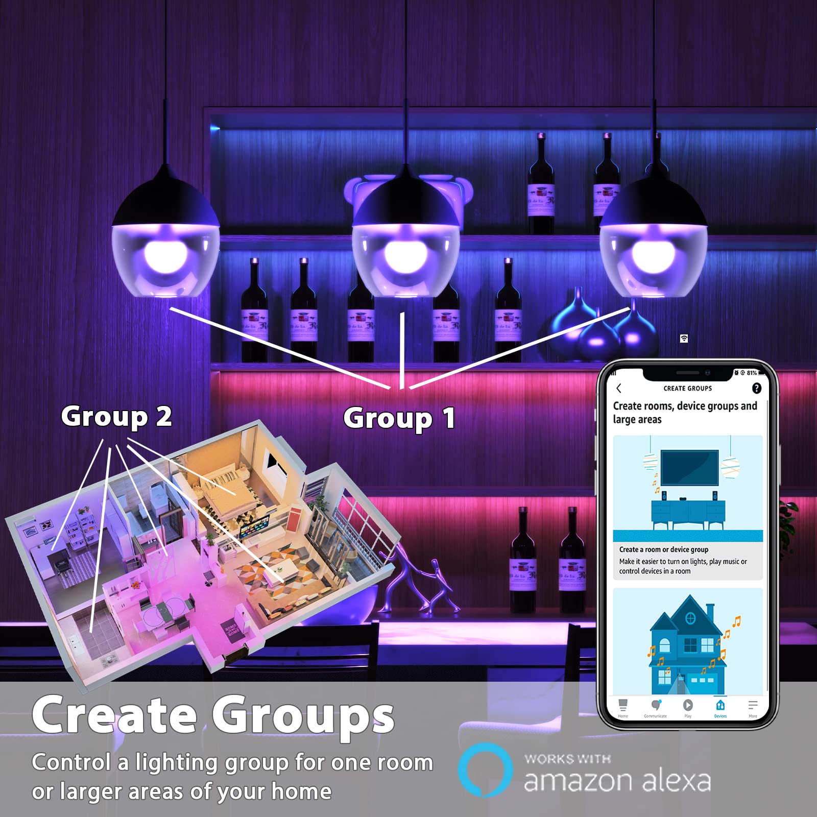 LUMIMAN Smart Light Bulbs, Bluetooth Mesh Color Changing Alexa Light Bulb, Dimmable 7.5W A19 LED Smart Bulbs That Work with Alexa Only, RGB LED Light Bulbs, 800LM E26 No Hub Required, 1 Pack