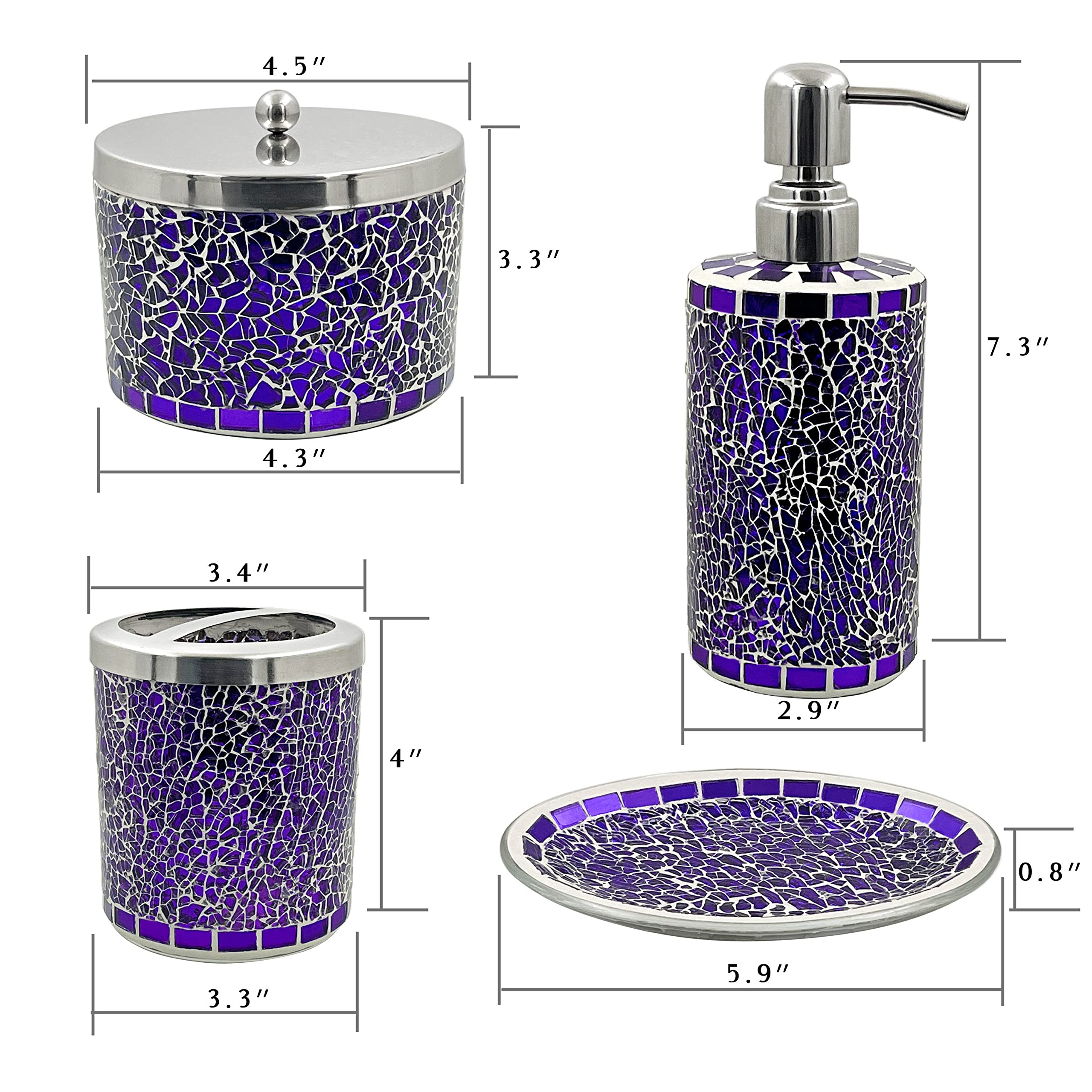 LushAccents Bathroom Accessory Set, 4-Piece Decorative Glass Bathroom Accessories Set, Soap Dispenser, Soap Tray, Jar, Toothbrush Holder, Elegant Seafoam Green Mosaic Glass