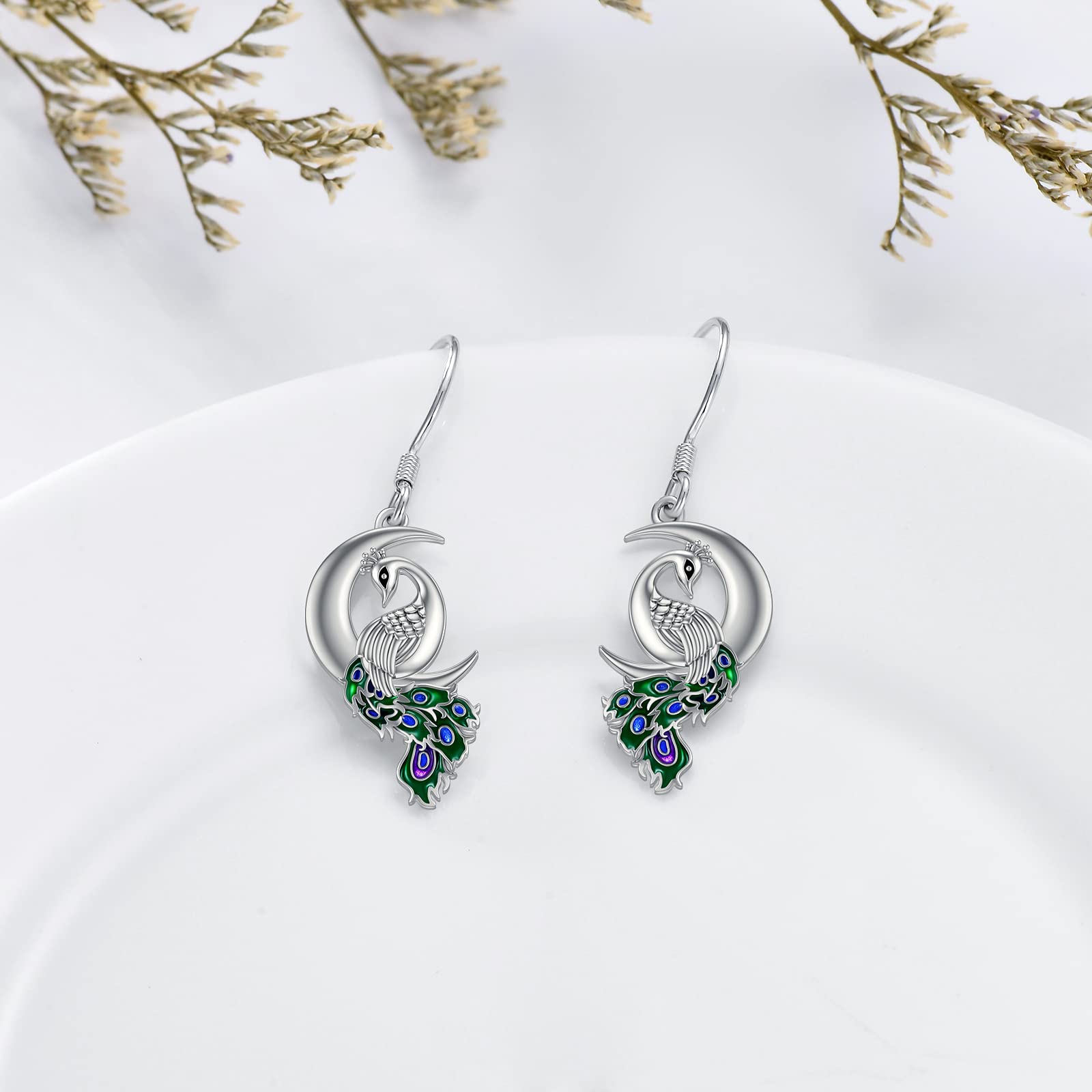 Peacock Moon Dangle Earrings 925 Sterling Silver Crescent Half Moon Peafowl Drop Dangling Earrings Jewelry Gifts for Women